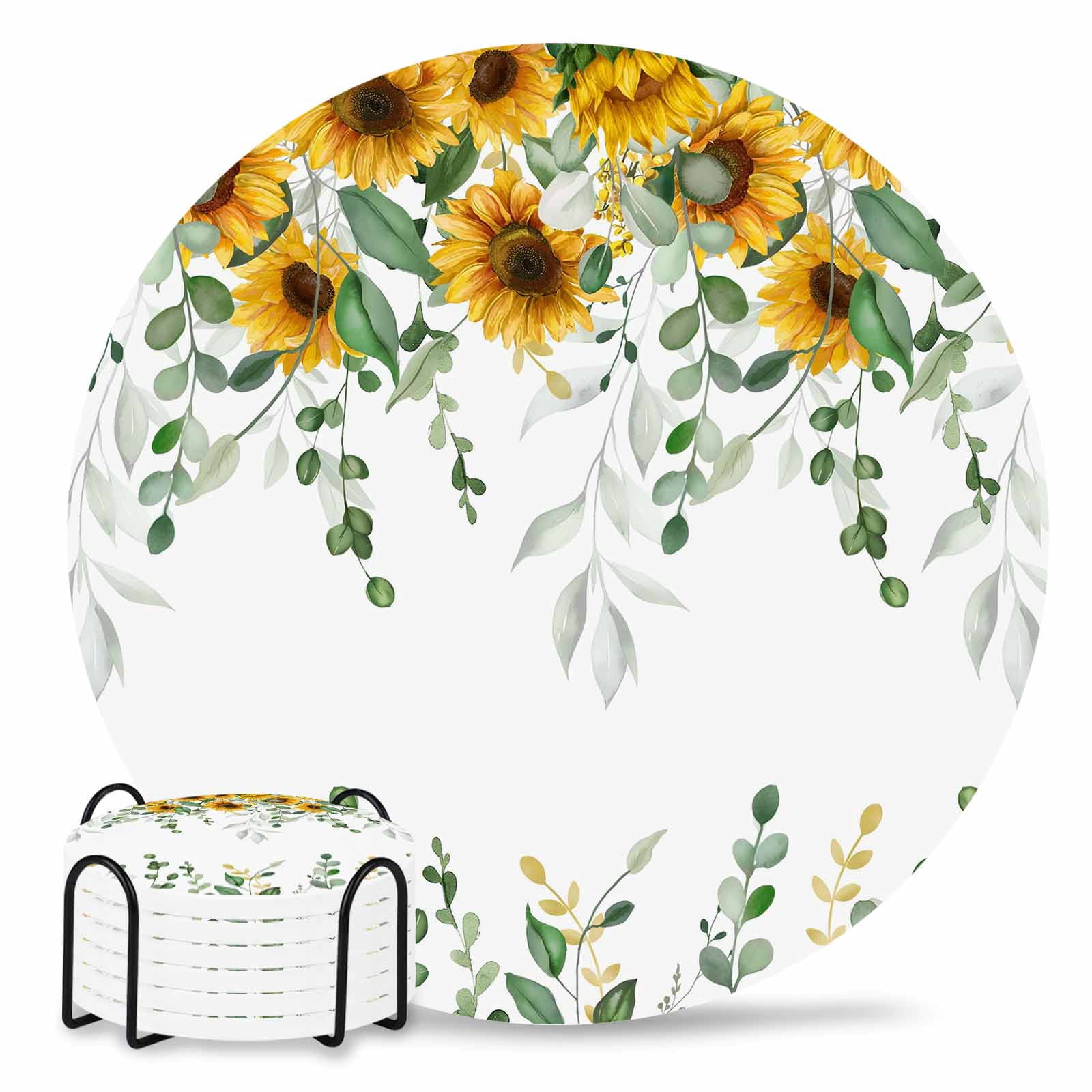 Coasters Set of 6 Summer Sunflower Drink Coasters with Holder Absorbent ...