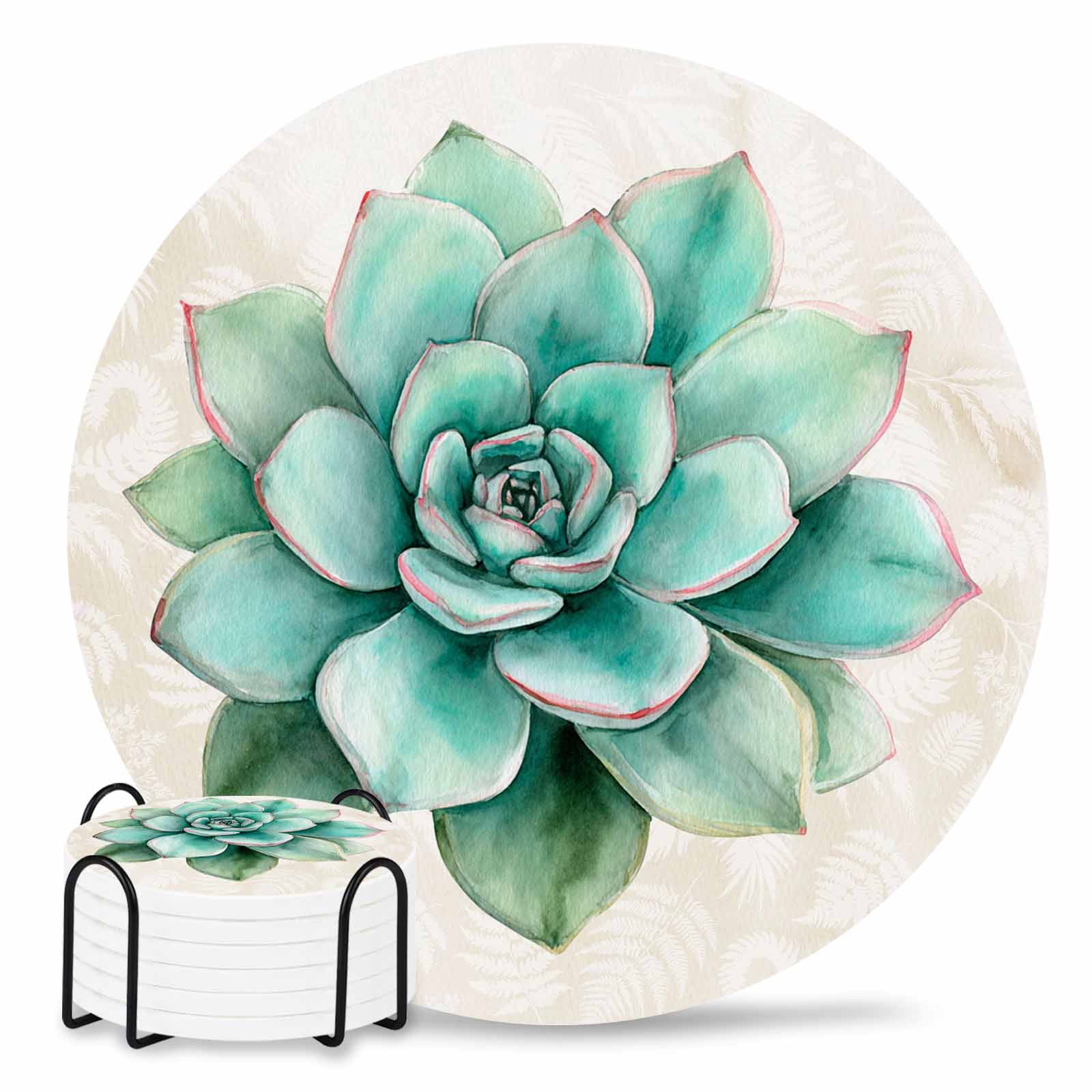 Coasters Set of 6 Turquoise Succulent Drink Coasters with Holder ...