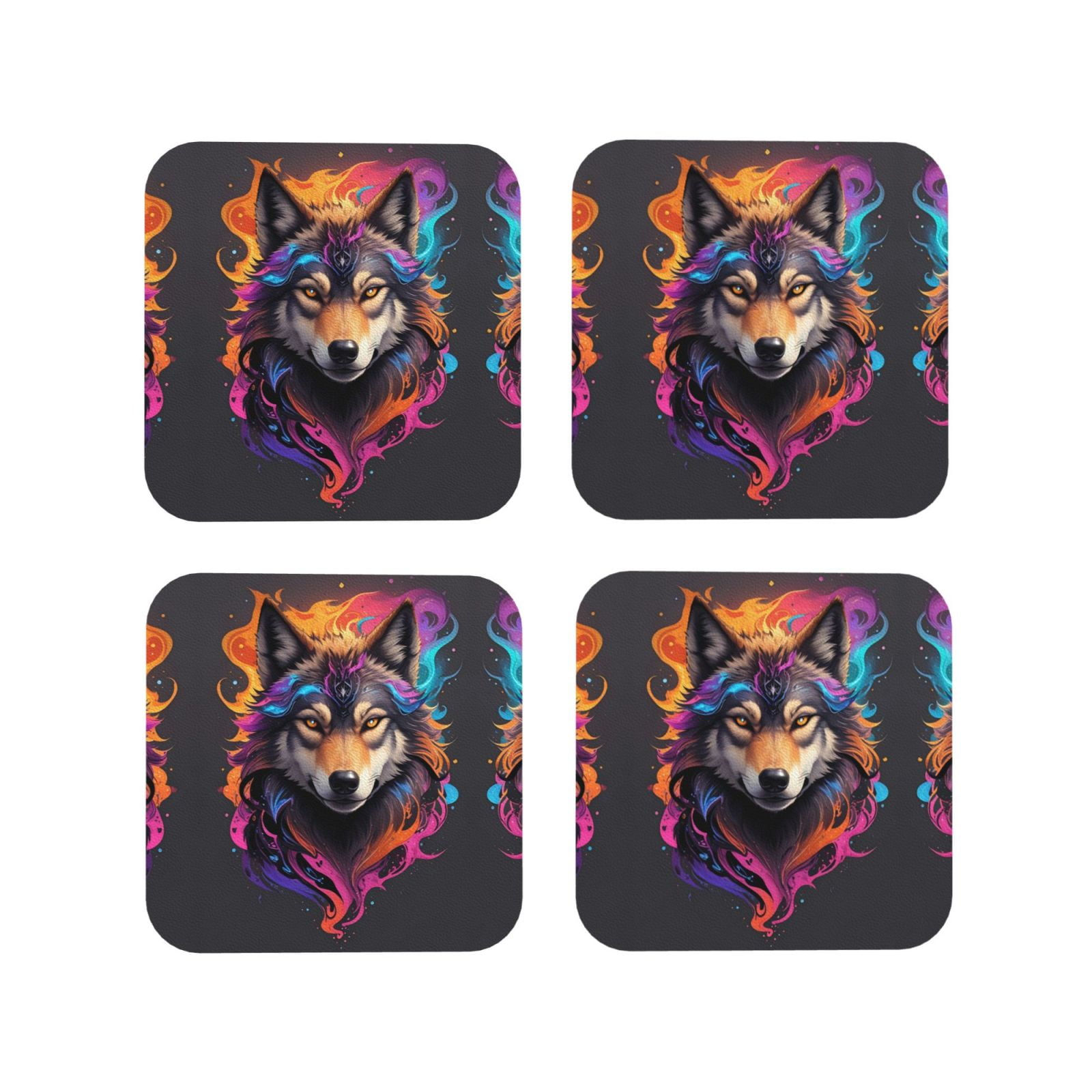 Coasters Set of 4 - Colorful Wolf Head Drink Coasters for Tabletop ...