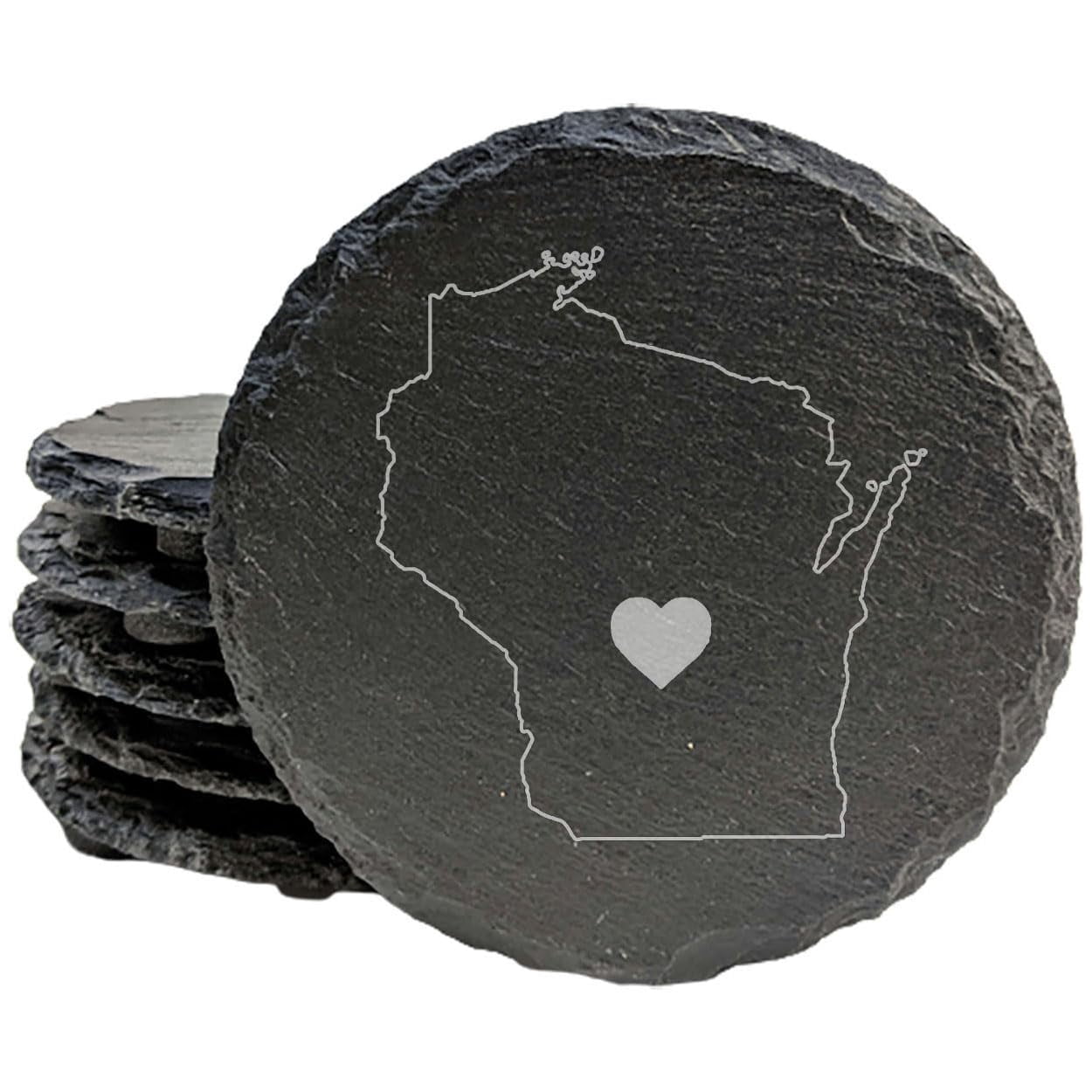 Coasters Set of 5 - Wisconsin Heart Design, 4" Round, Natural Chipped ...