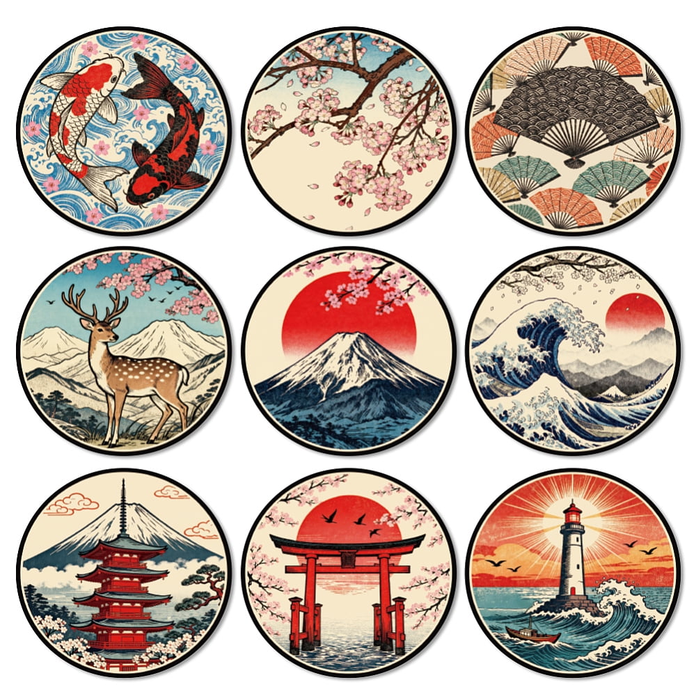 Coasters Set of 9 Japanese Style Landscape Pattern Colorful Wooden ...