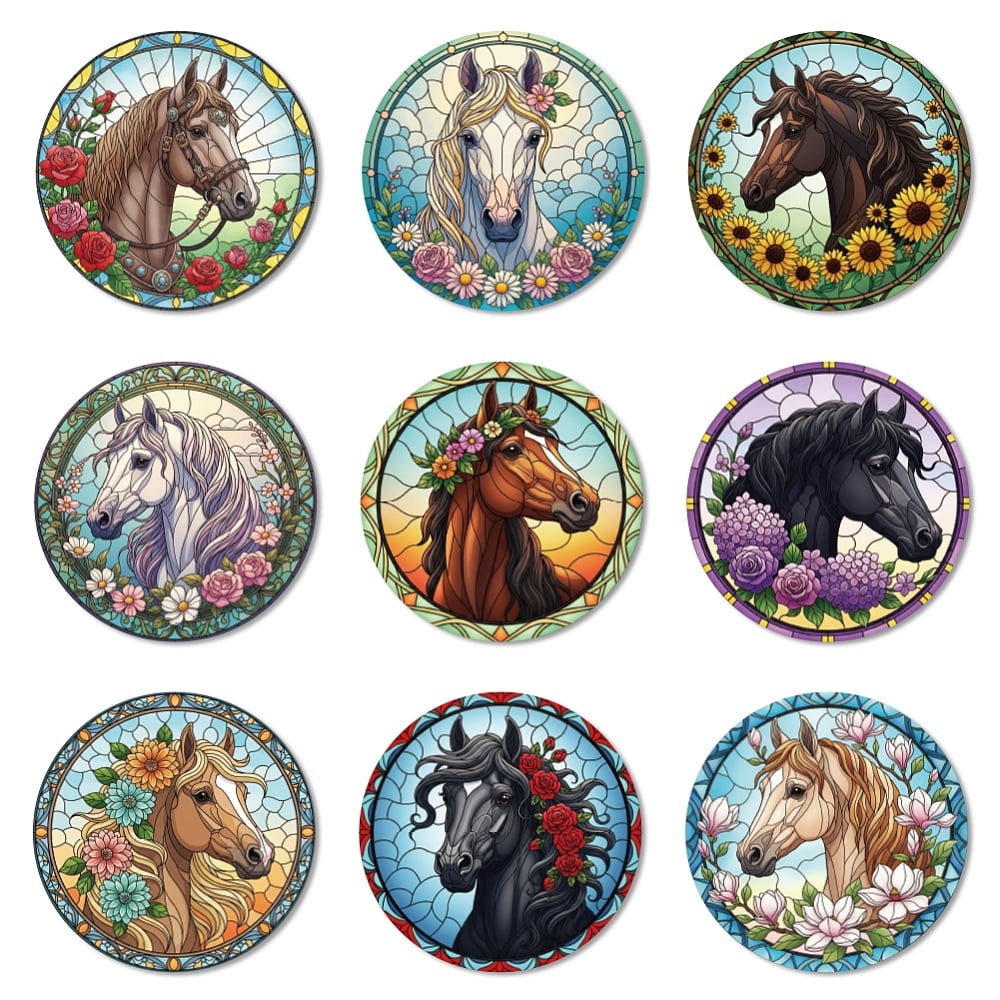 Coasters Set of 9 Stained Glass Floral Horse Pattern Colorful Wooden ...