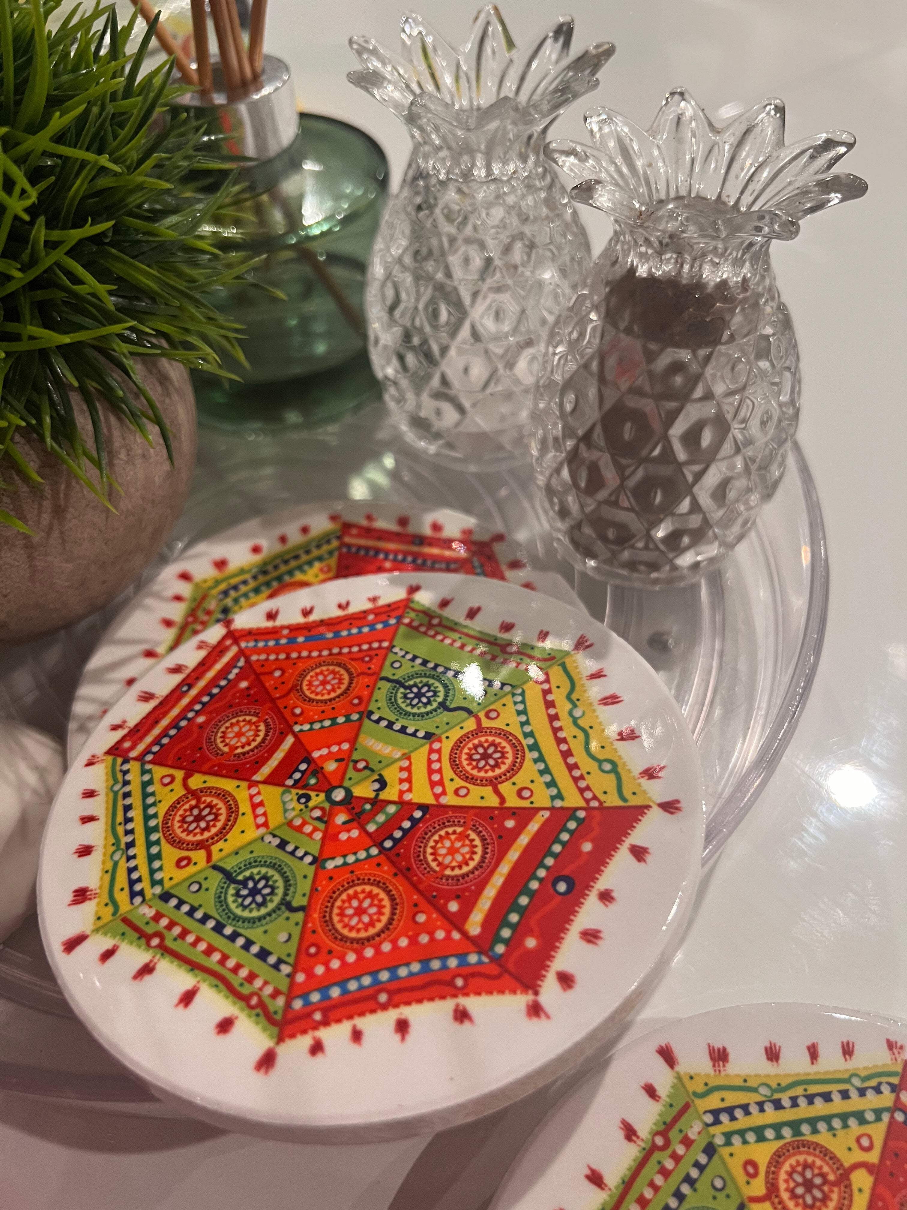 Coasters - White with Rajasthani umbrella/ Rangoli / Indian Design ...