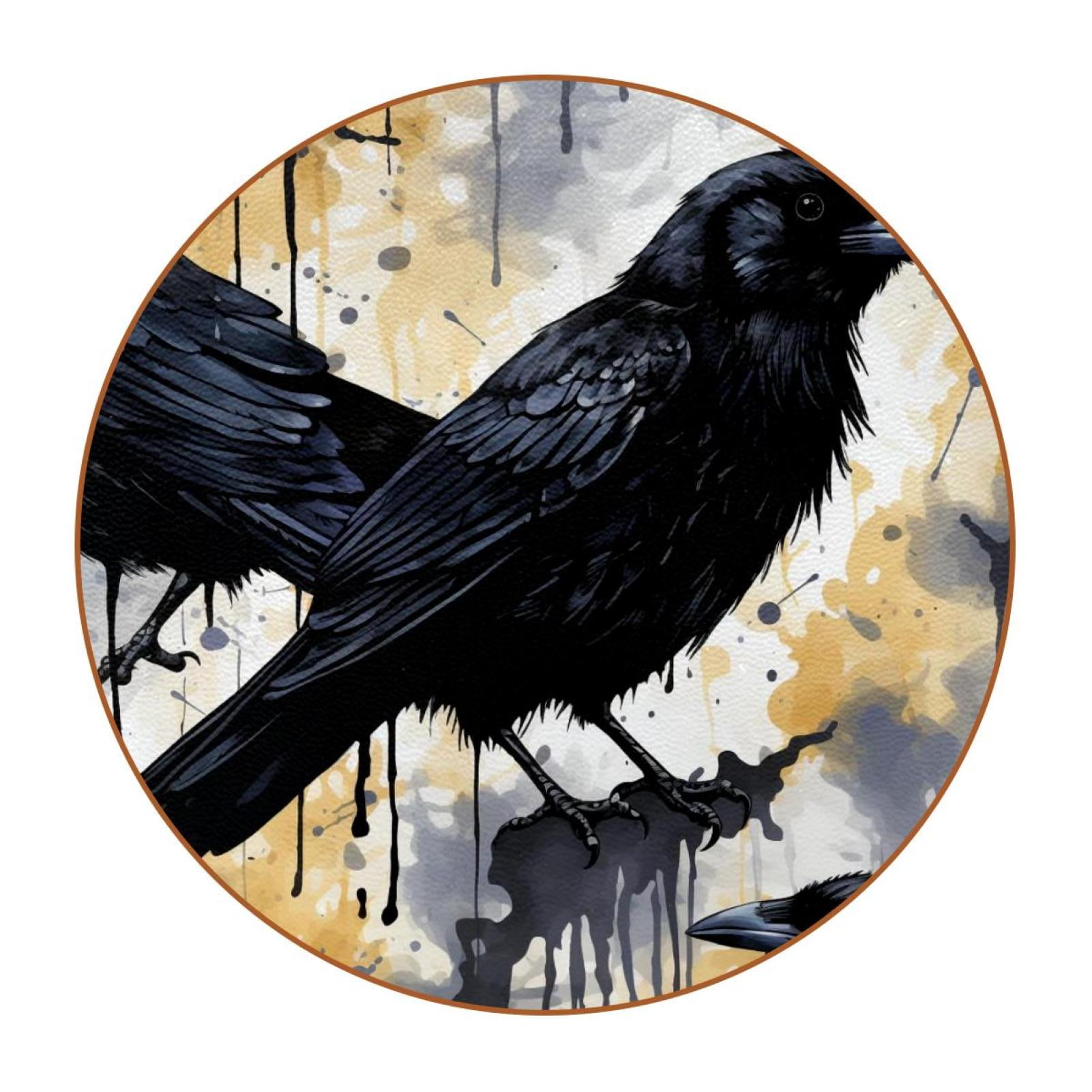 Coasters for Drinks, Black Crow Print Leather Round Mug Cup Pad Mat for ...