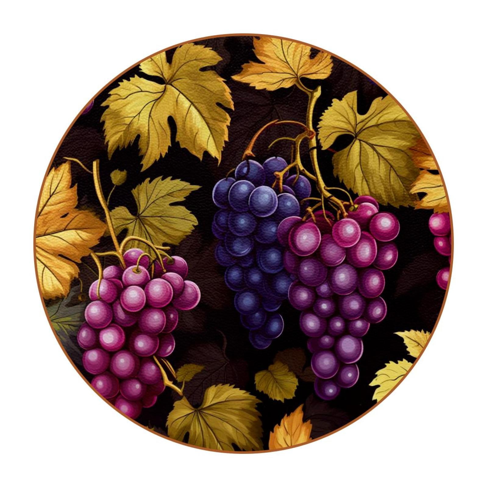Coasters for Drinks, Branches of Grapes Fruits Print Leather Round Mug Cup Pad Mat for Protect ...