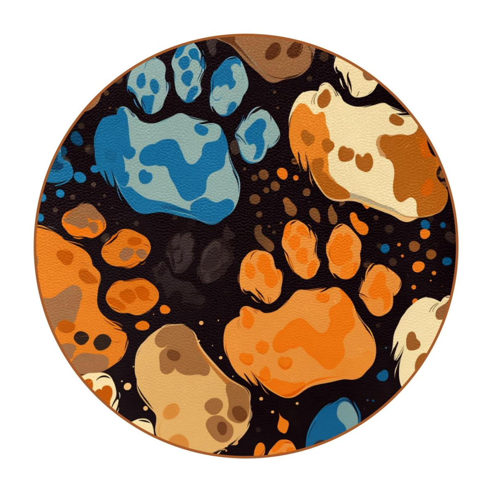 Coasters for Drinks, Colorful Paw Footprints Print Leather Round Mug ...