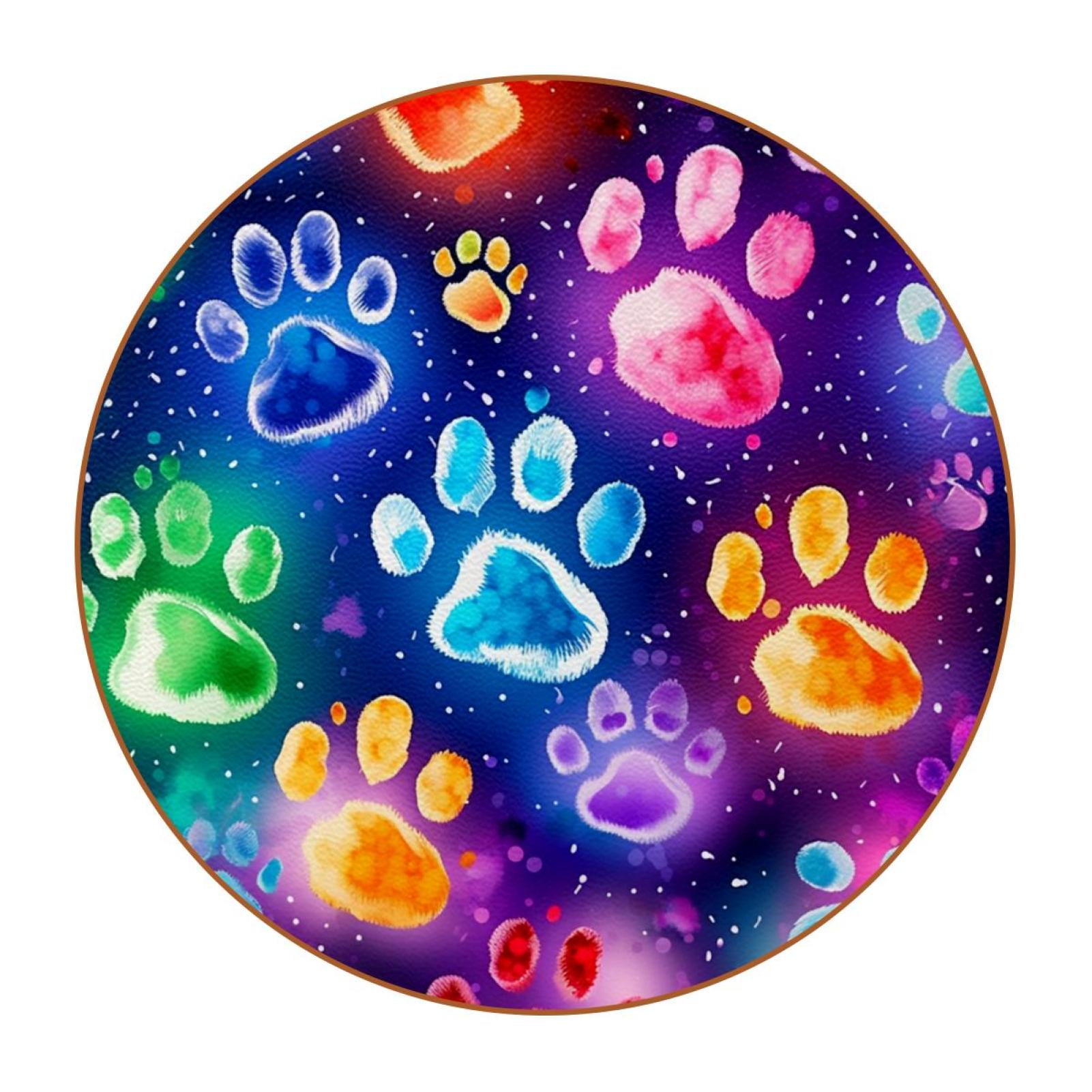 Coasters for Drinks, Colorful Paw Footprints Print Leather Round Mug ...