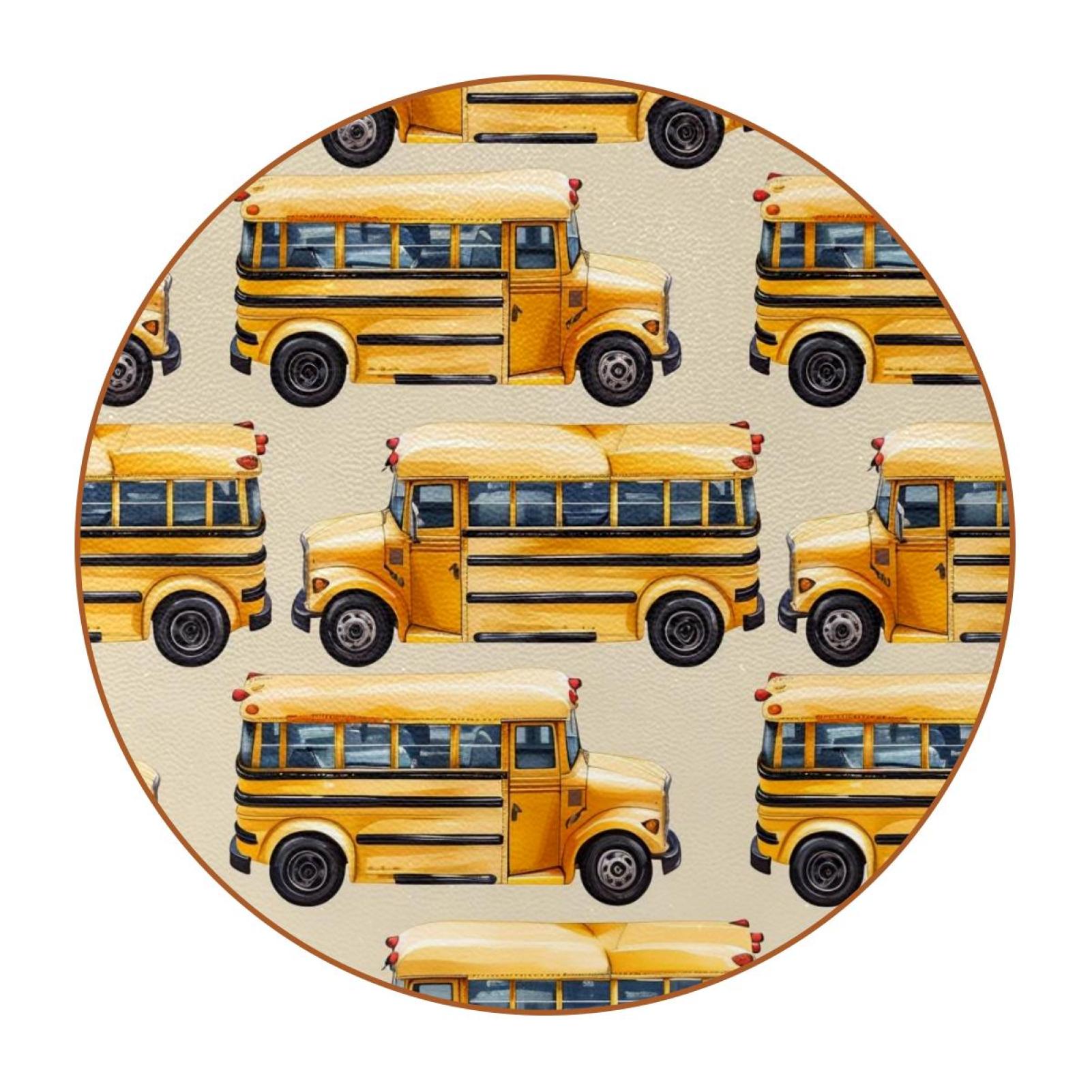 Coasters for Drinks, Row of School Bus Print Leather Round Mug Cup Pad ...