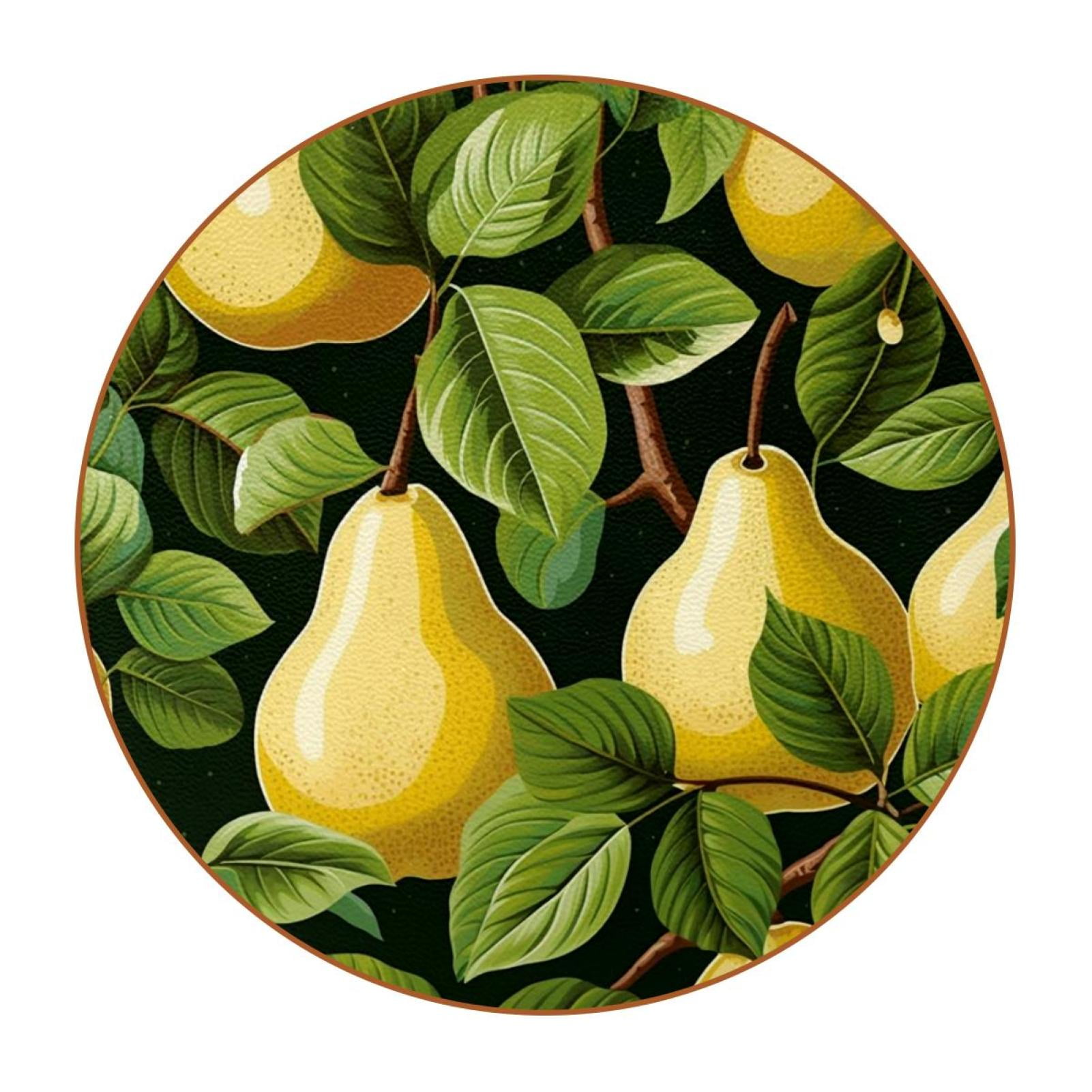 Coasters for Drinks, Watercolor Pear Print Leather Round Mug Cup Pad ...