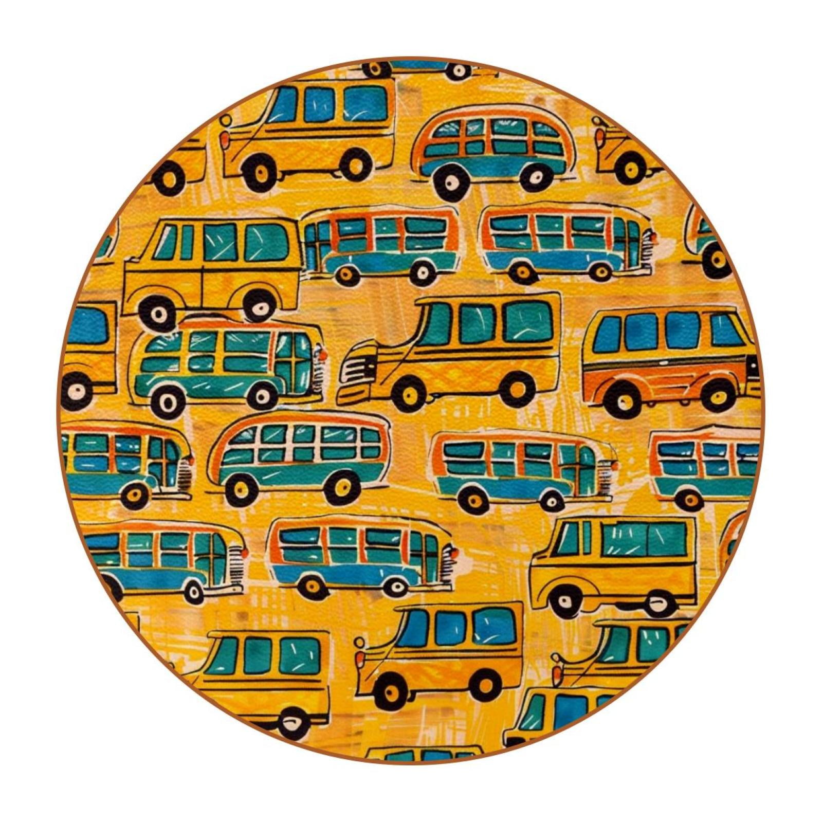 Coasters for Drinks, Yellow Painted Bus Print Leather Round Mug Cup Pad ...