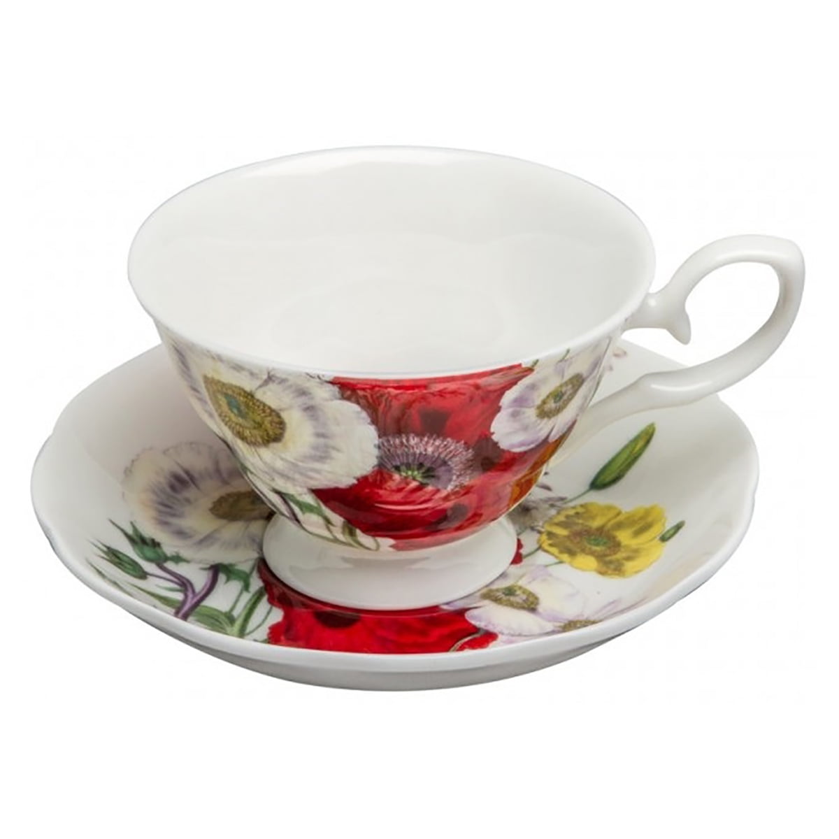 Coastline Imports Porcelain White Poppy Field Cups and Saucers, Set of ...