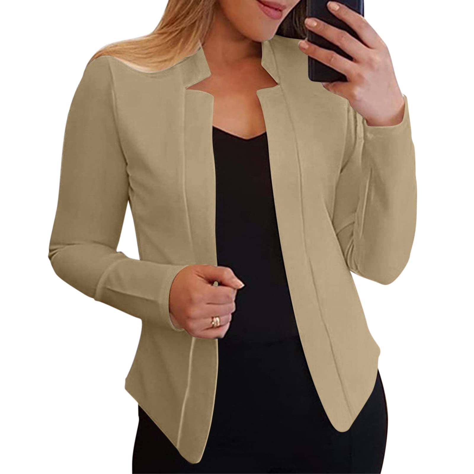Coat Casual Solid Open Front Notched Collar Suit Cardigan Office Ladies ...