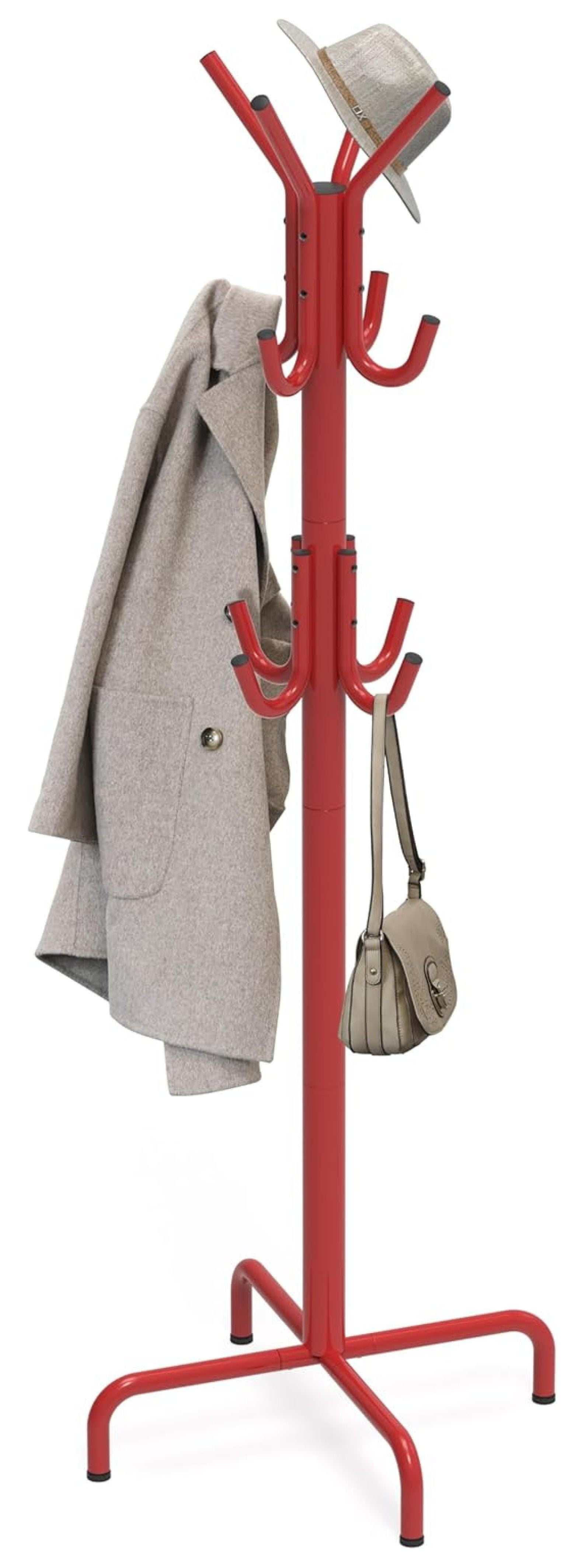 Coat and Hat Rack, 12 Hook Metal Garment Organizer - Red Standing ...