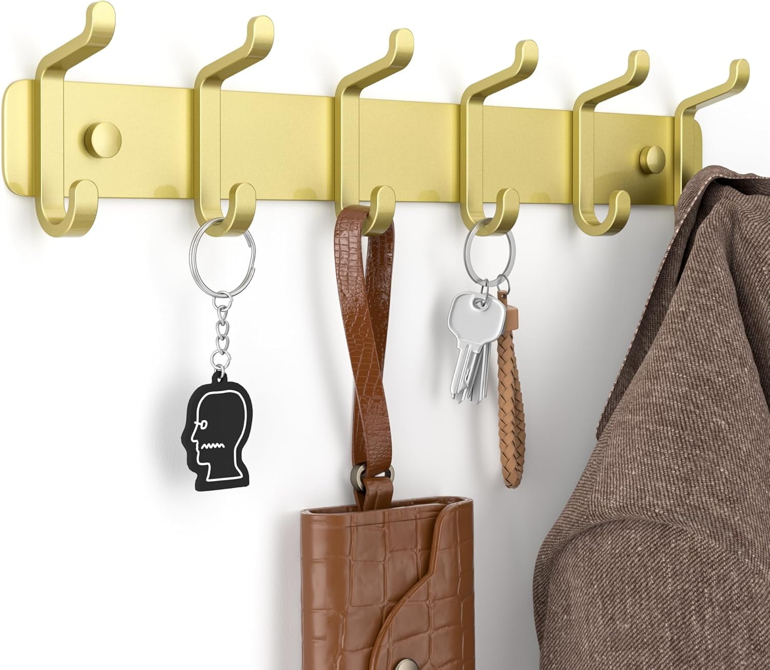 Coat Hook Wall Mount: Gold Heavy Duty Metal Hook Rail with 6 Double ...