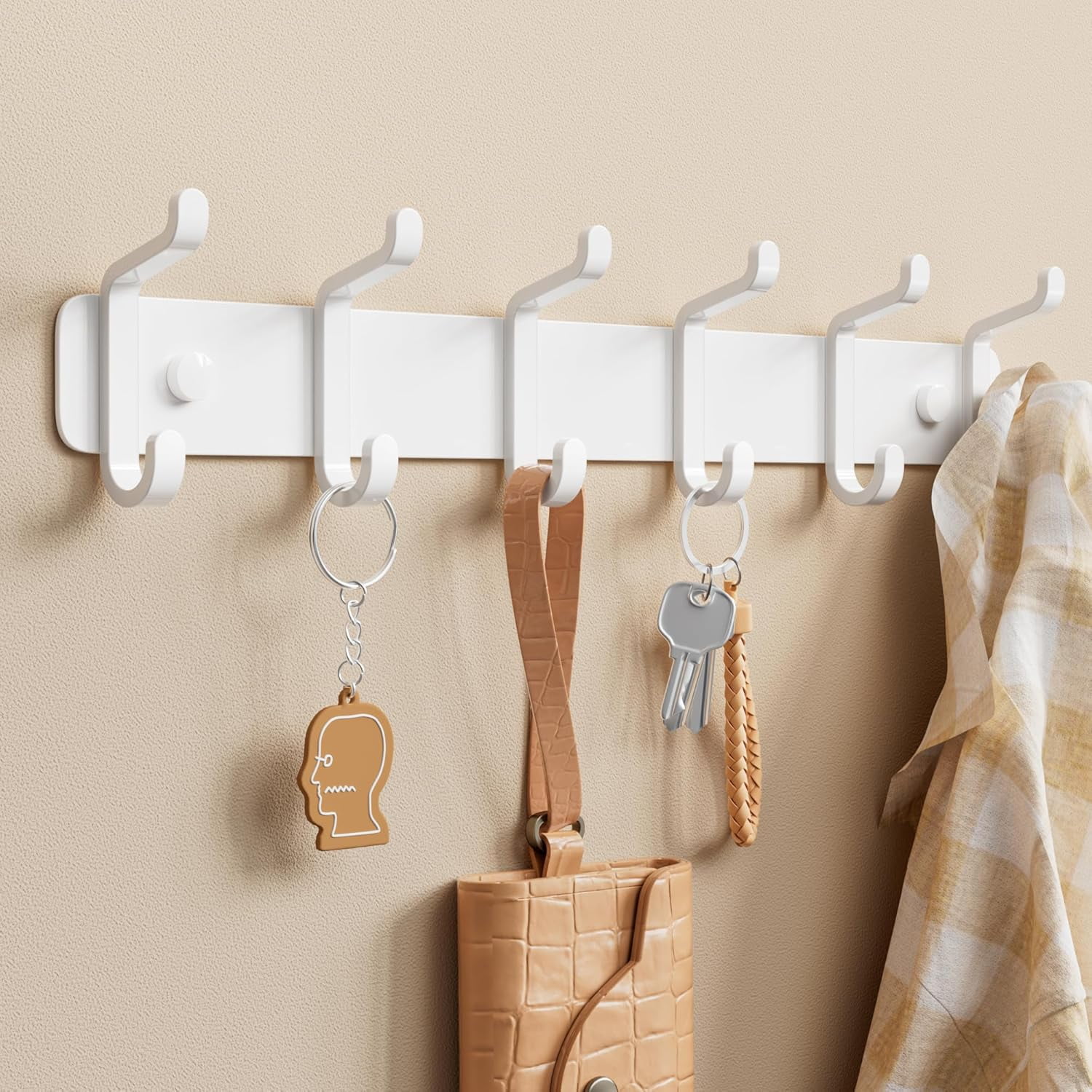 Coat Hook Wall Mount: White Heavy Duty Metal Hook Rail with 6 Double ...