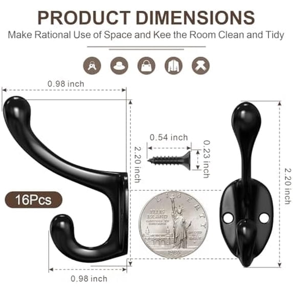 Coat Hooks, 16 Pack Black Metal Heavy Duty Screw-in Wall Hooks for ...