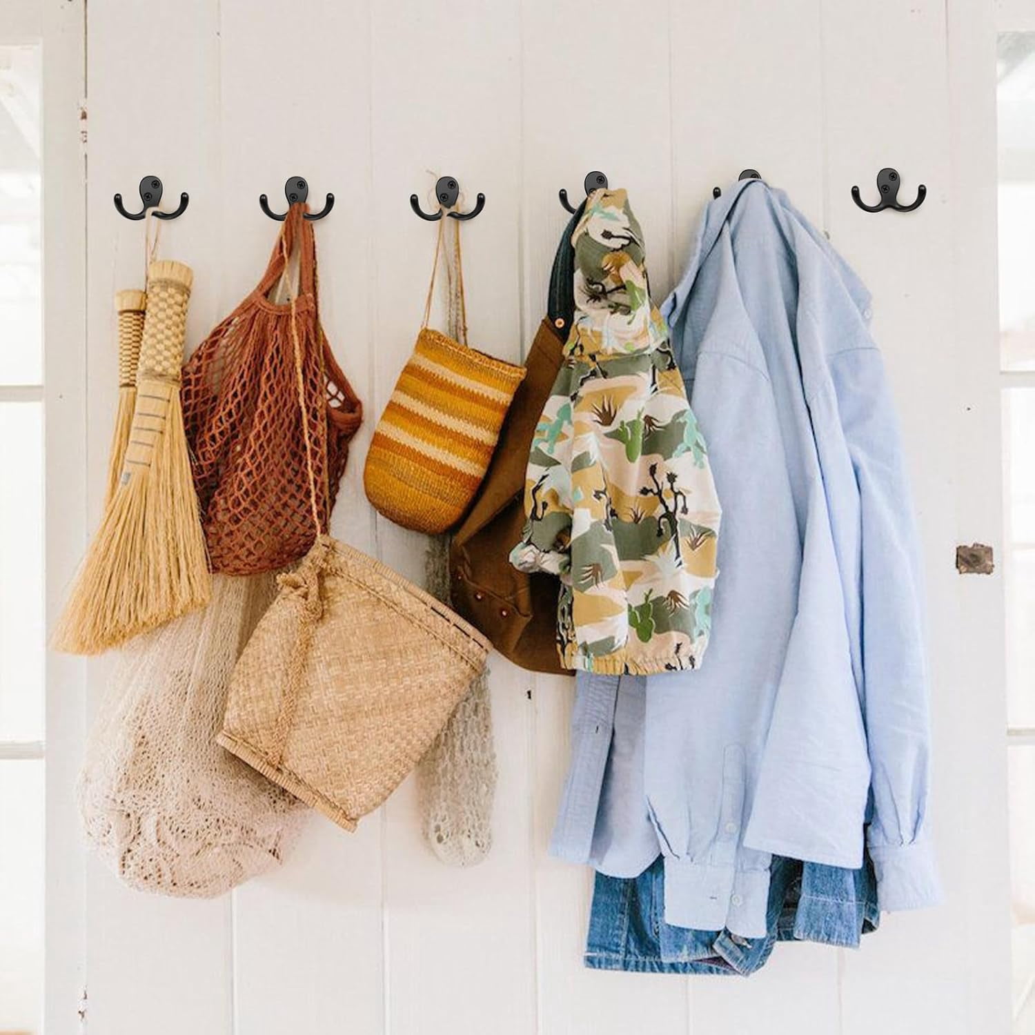 Coat Hooks, Heavy Duty Double Prong Wall Mounted with Screws, Black ...