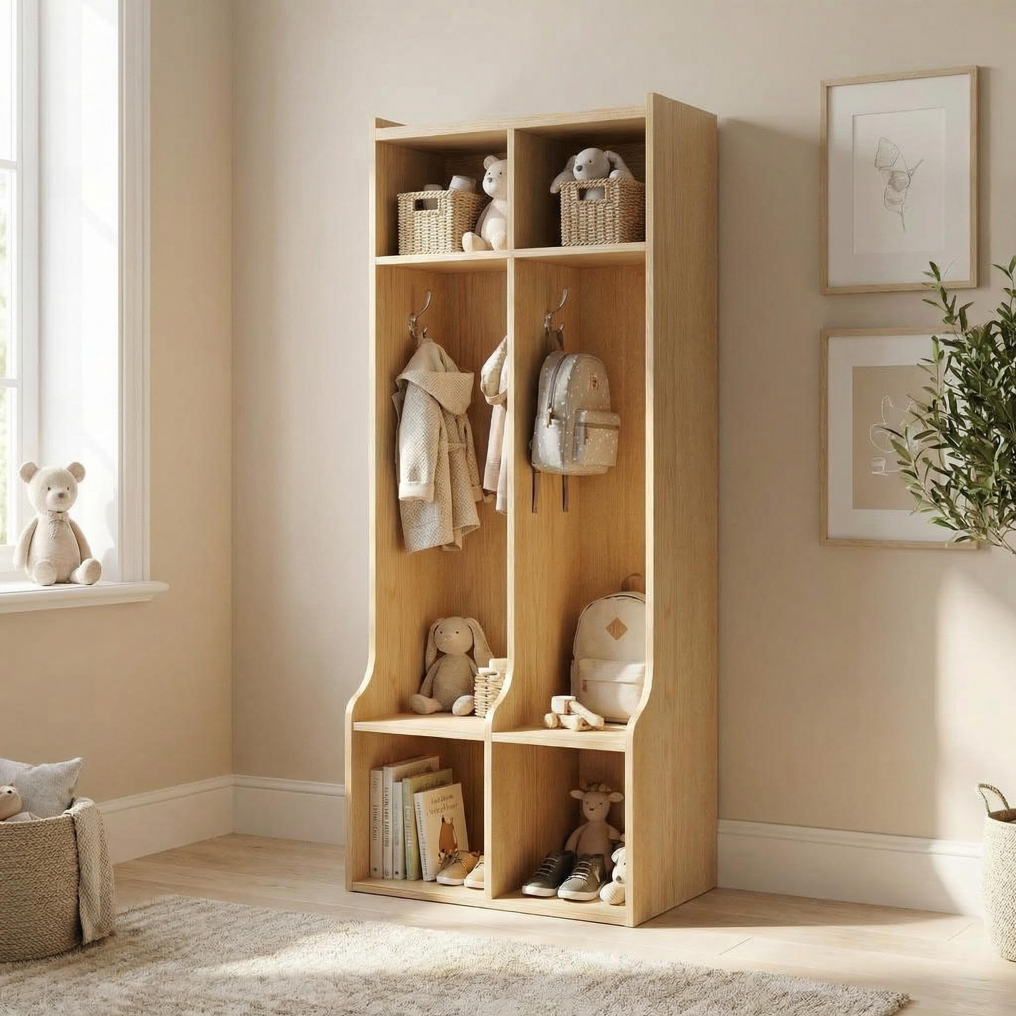 Coat Locker with 2 Sections – 4 Storage Cubbies and 4 Hooks – Durable ...