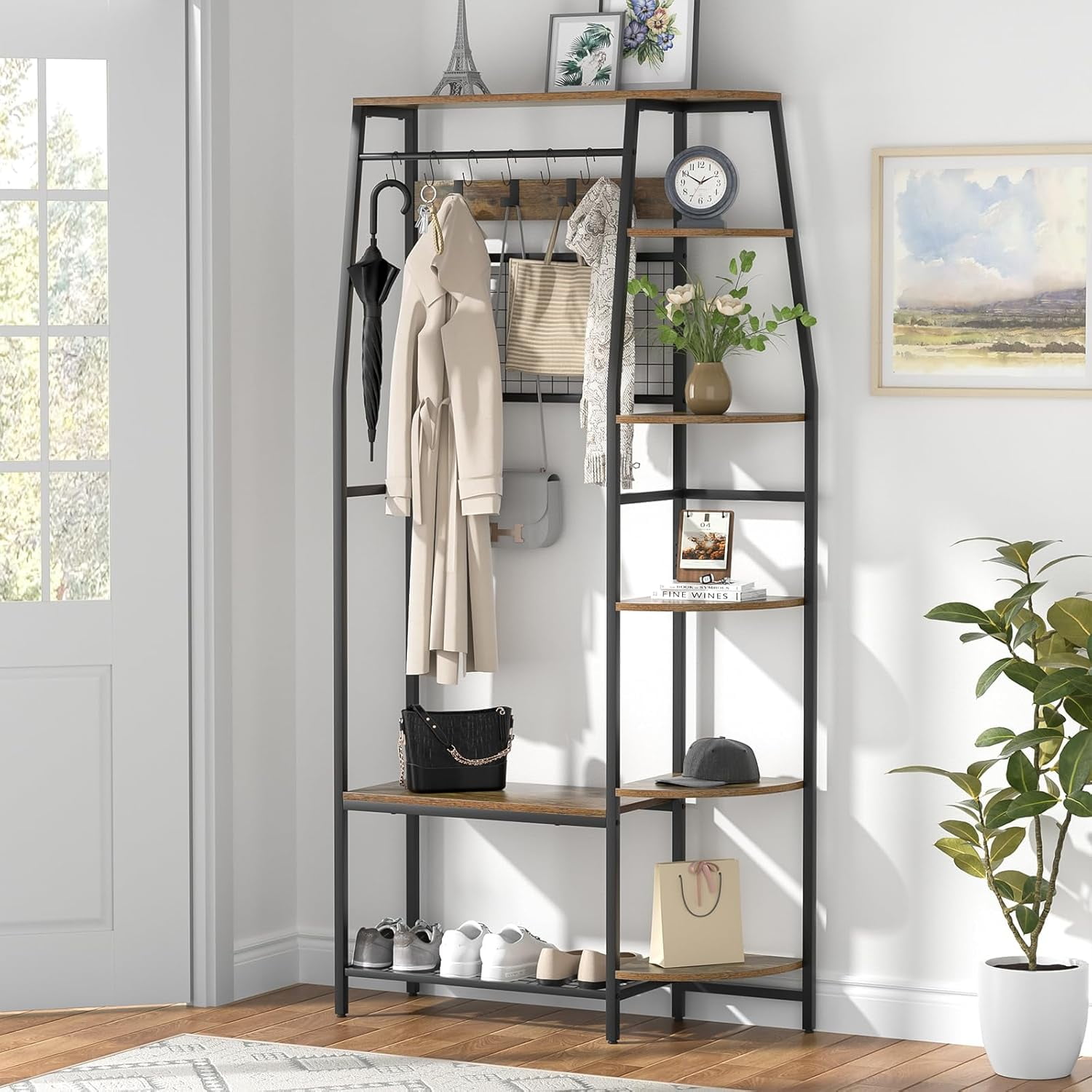 Coat Rack, 70" Hall Tree with Bench and Shoe Storage, Freestanding ...