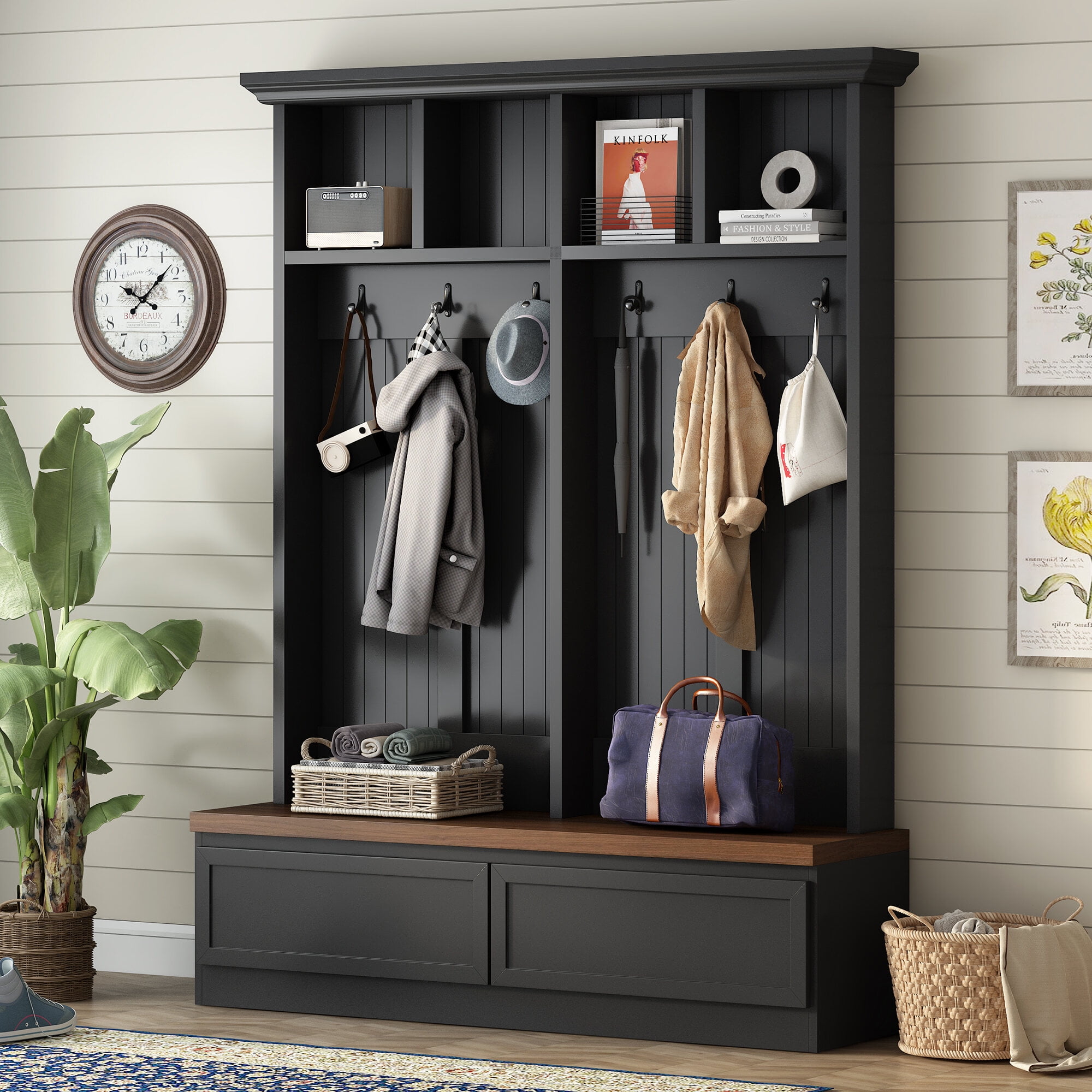 Coat Racks Farmhouse 4-in-1 Hall Tree with Wood Grain Bench, Mudroom ...