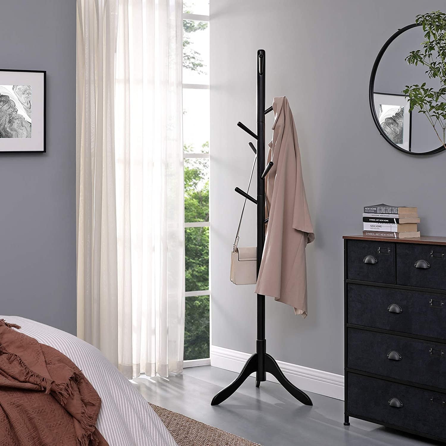 Coat Rack Free Standing, Coat Stand, Hall Coat Tree with 8 Hooks, Black ...