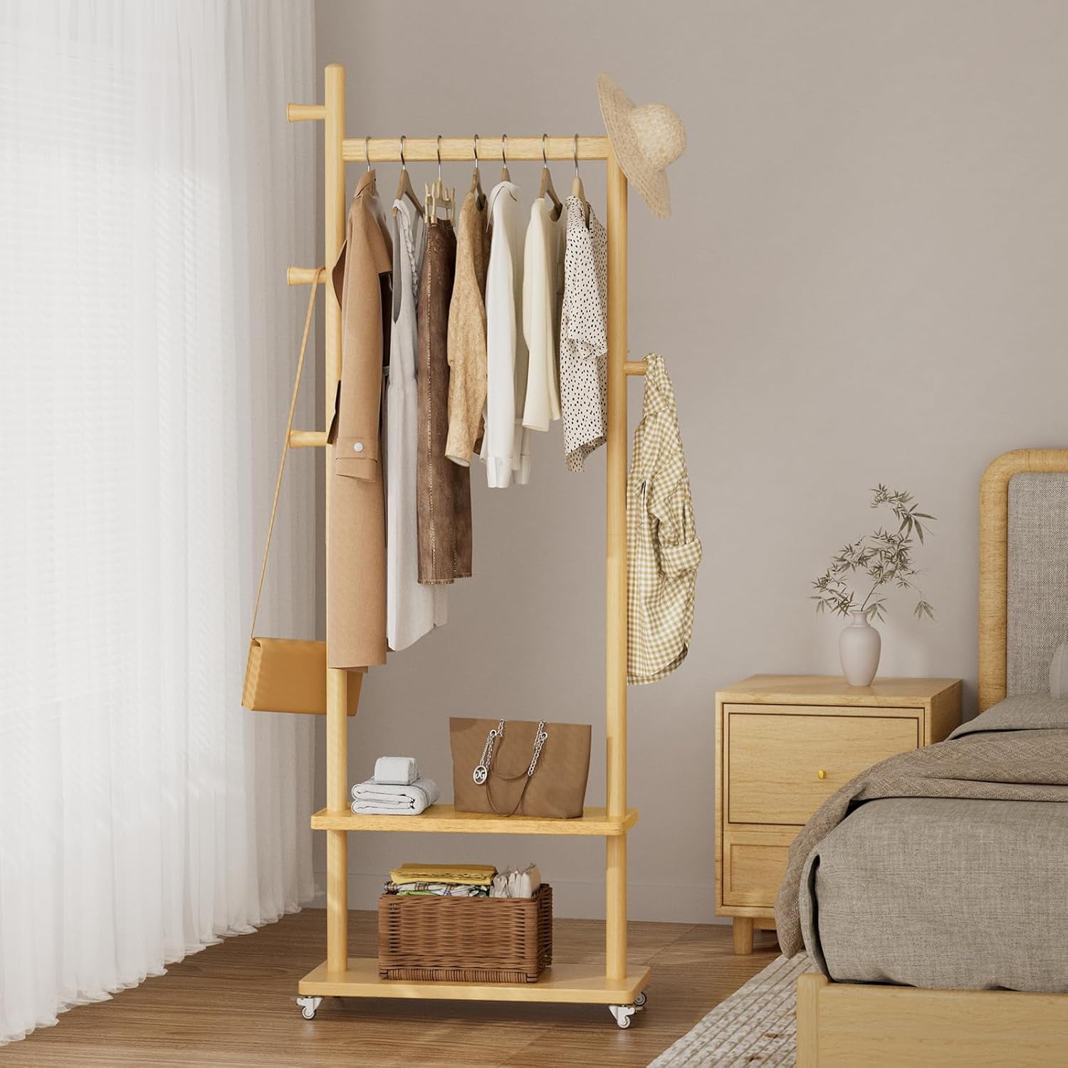 Coat Rack Freestanding Clothing Rack with Wheels & Shelves Storage ...