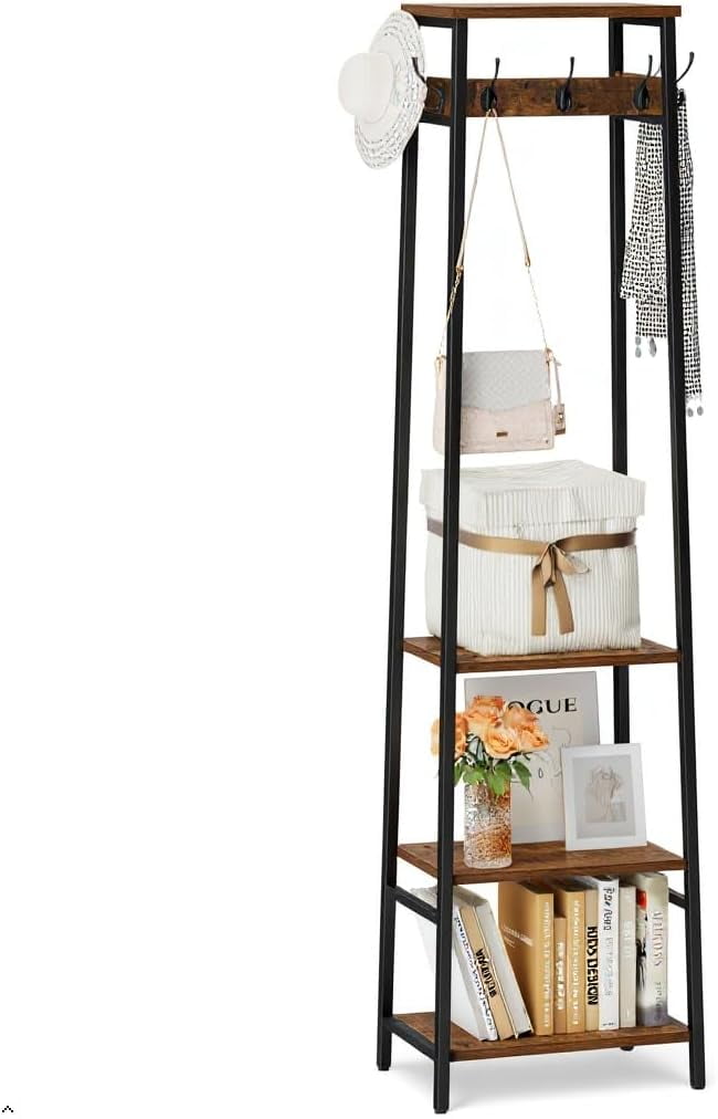 Coat Rack Freestanding, Coat Stand with 3 Shelves and 7 Hooks, Hall ...