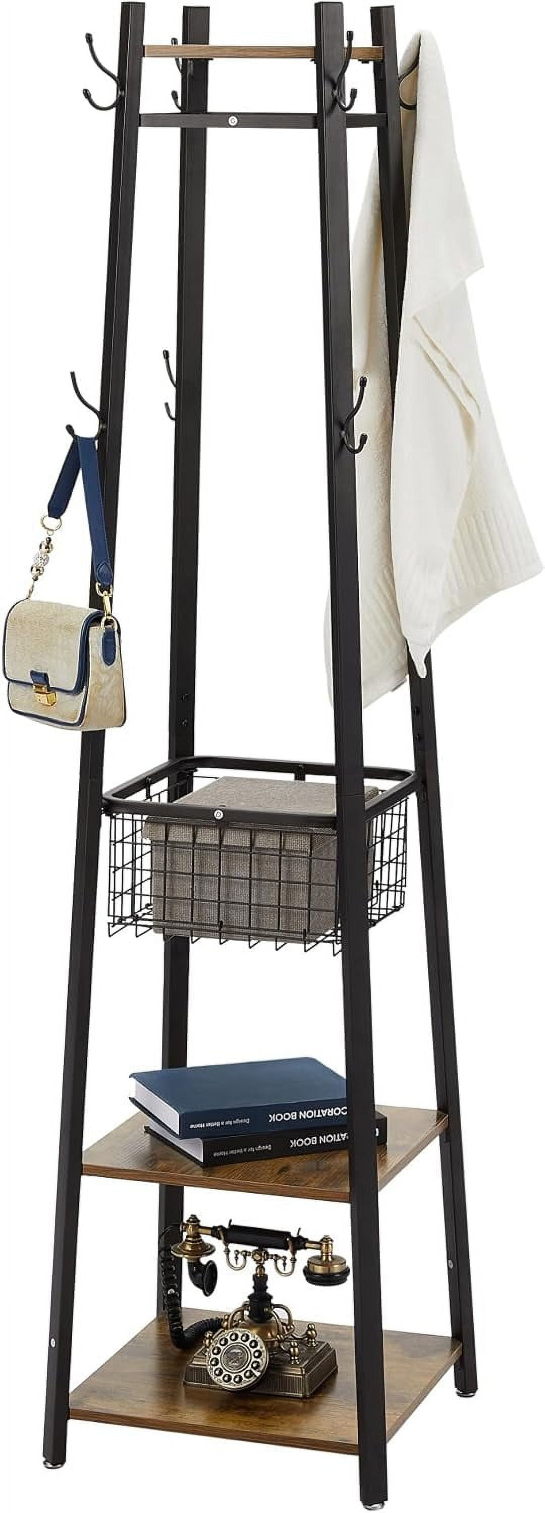 Coat Rack Freestanding, Entryway Clothes Stand with Metal Basket and 2 ...