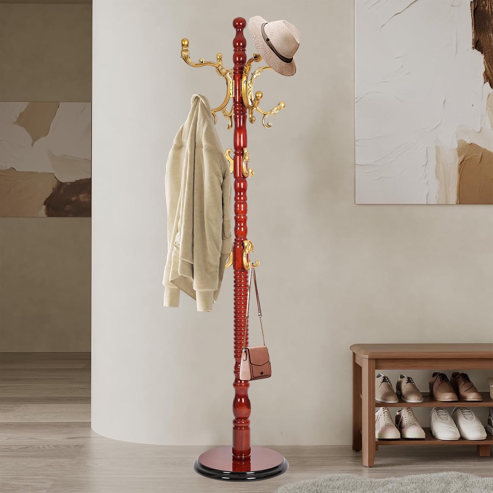 Coat Rack Freestanding, Hall Tree with 14 Hooks, Heavy Duty Wooden Coat ...