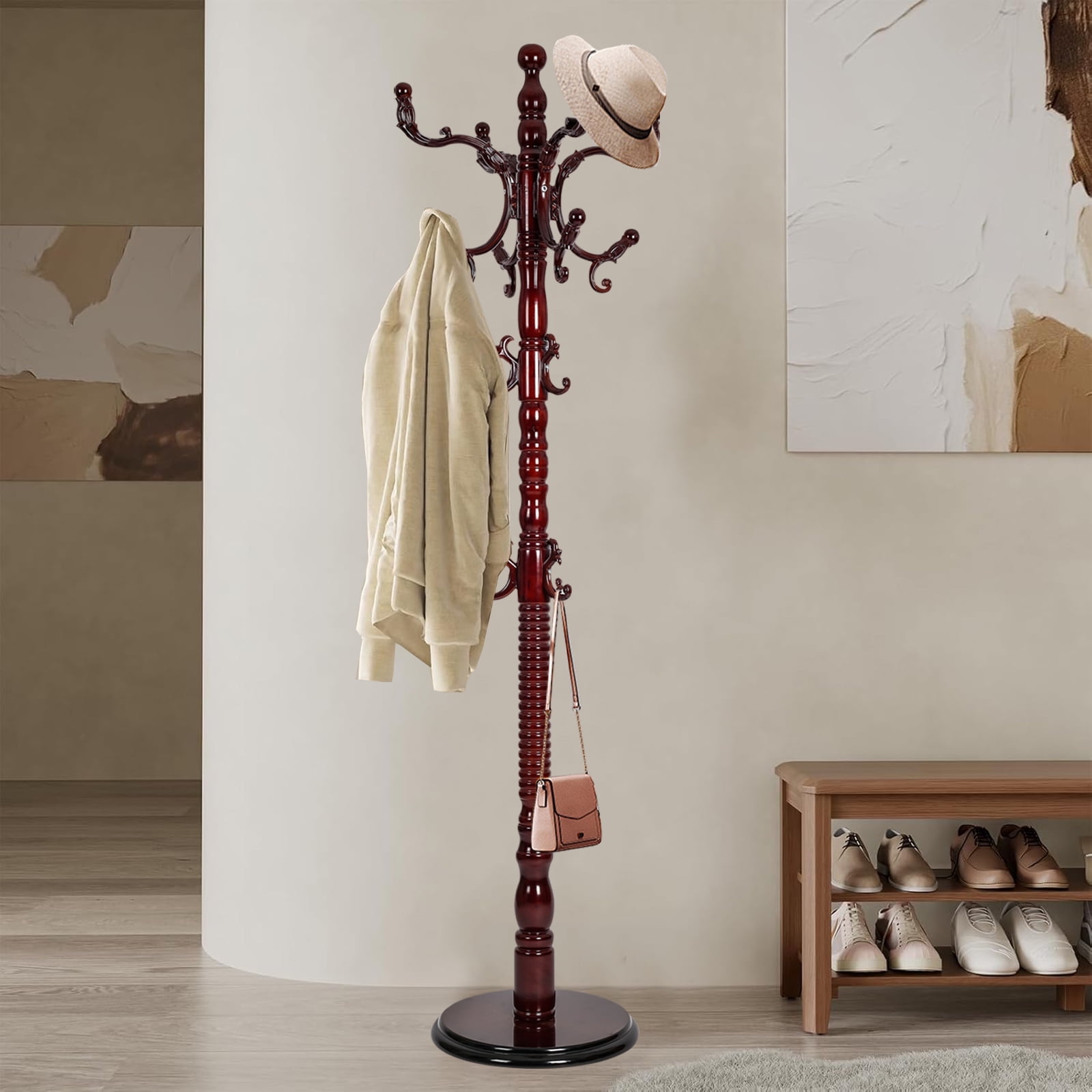 Coat Rack Freestanding, Hall Tree with 14 Hooks, Heavy Duty Wooden Coat ...