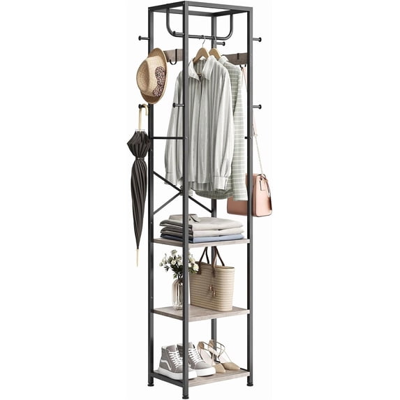 Coat Rack Freestanding, Hall Tree with 3 Storage Shelves and 12 Hooks ...