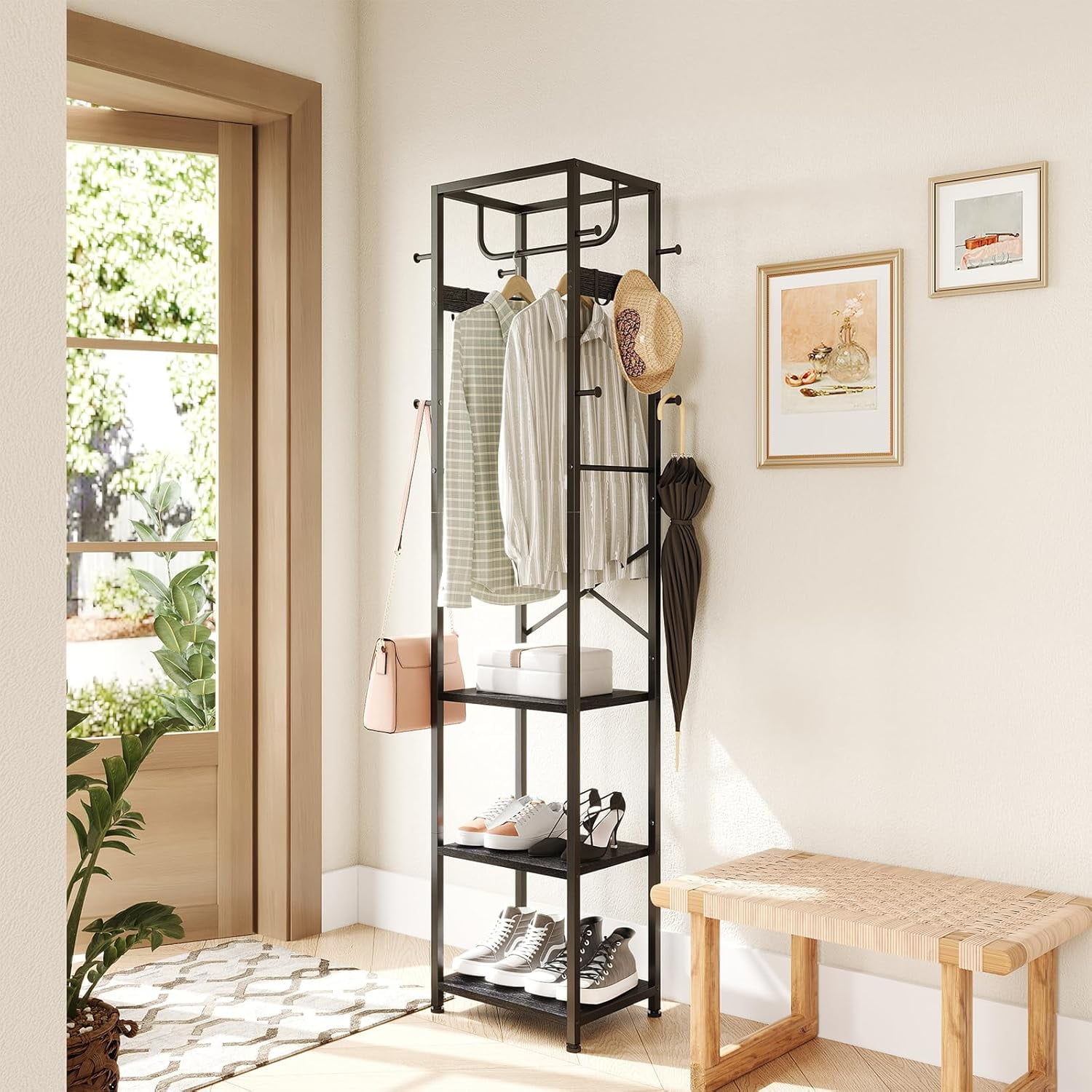 Coat Rack Freestanding, Hall Tree with 3 Storage Shelves and 12 Hooks ...