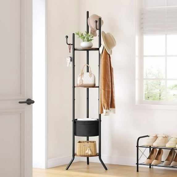 Coat Rack Freestanding, Round Coat Rack with 3 Wooden Shelves and 1 ...