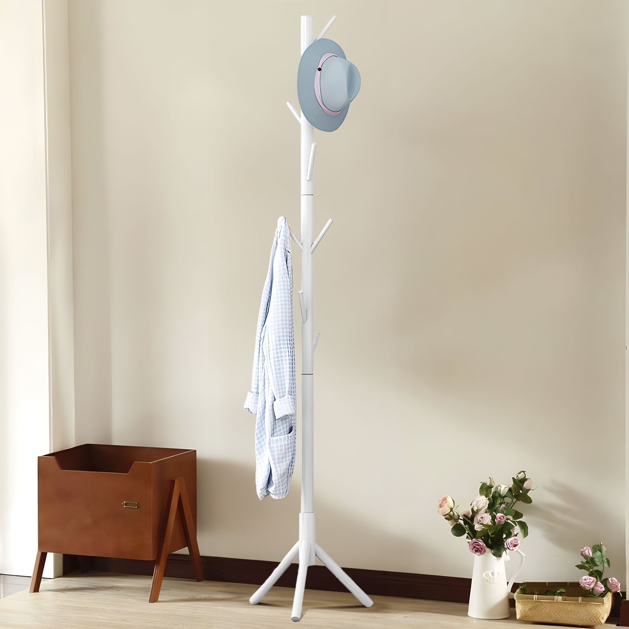 Coat Rack Stand with 3 Adjustable Size and 8 Hooks, Wood Clothes Tree ...