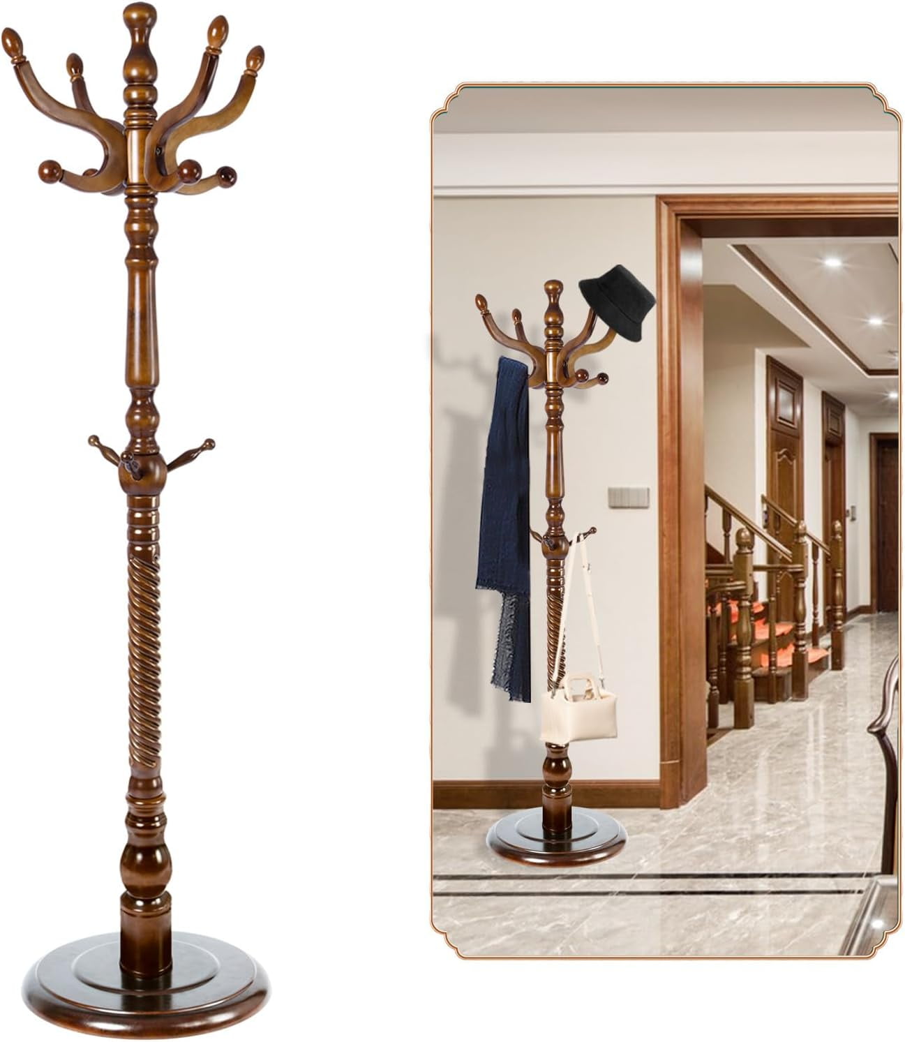 Coat Rack Freestanding, Wooden Tree Coat Rack Stand with 2 Adjustable ...