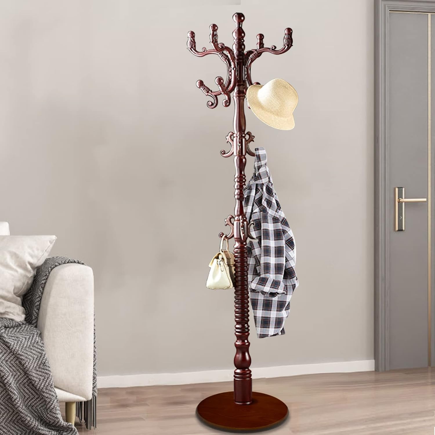 Coat Rack Freestanding, Wooden Tree Coat Rack Stand with 3 Adjustable ...