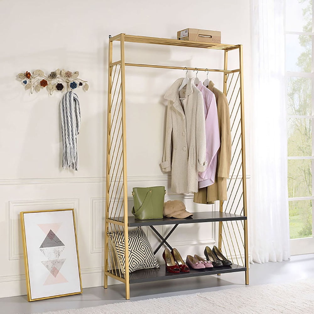 Coat Rack, Gold and Black Hall Tree with 2 Tier Shelves, Hall Tree ...