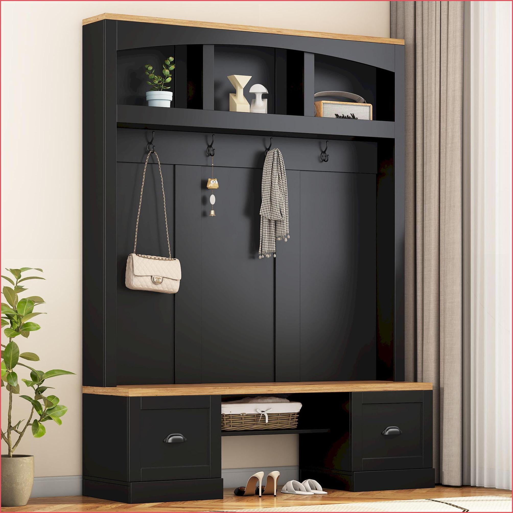 Coat Rack Hall Tree Farmhouse 4-in-1 with Bench, Black Hooks ...