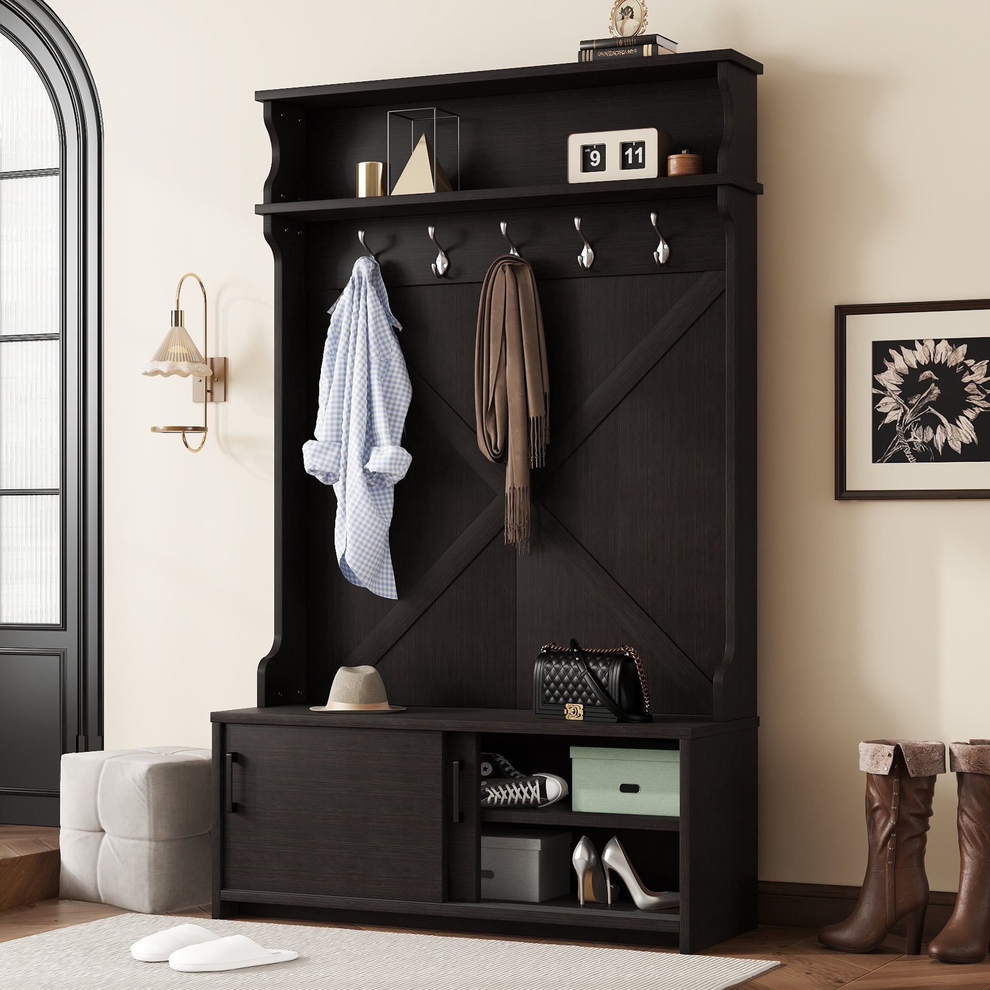 Coat Rack Hall Tree with Top Shelf and Storage Bench, Hallway Shoe ...