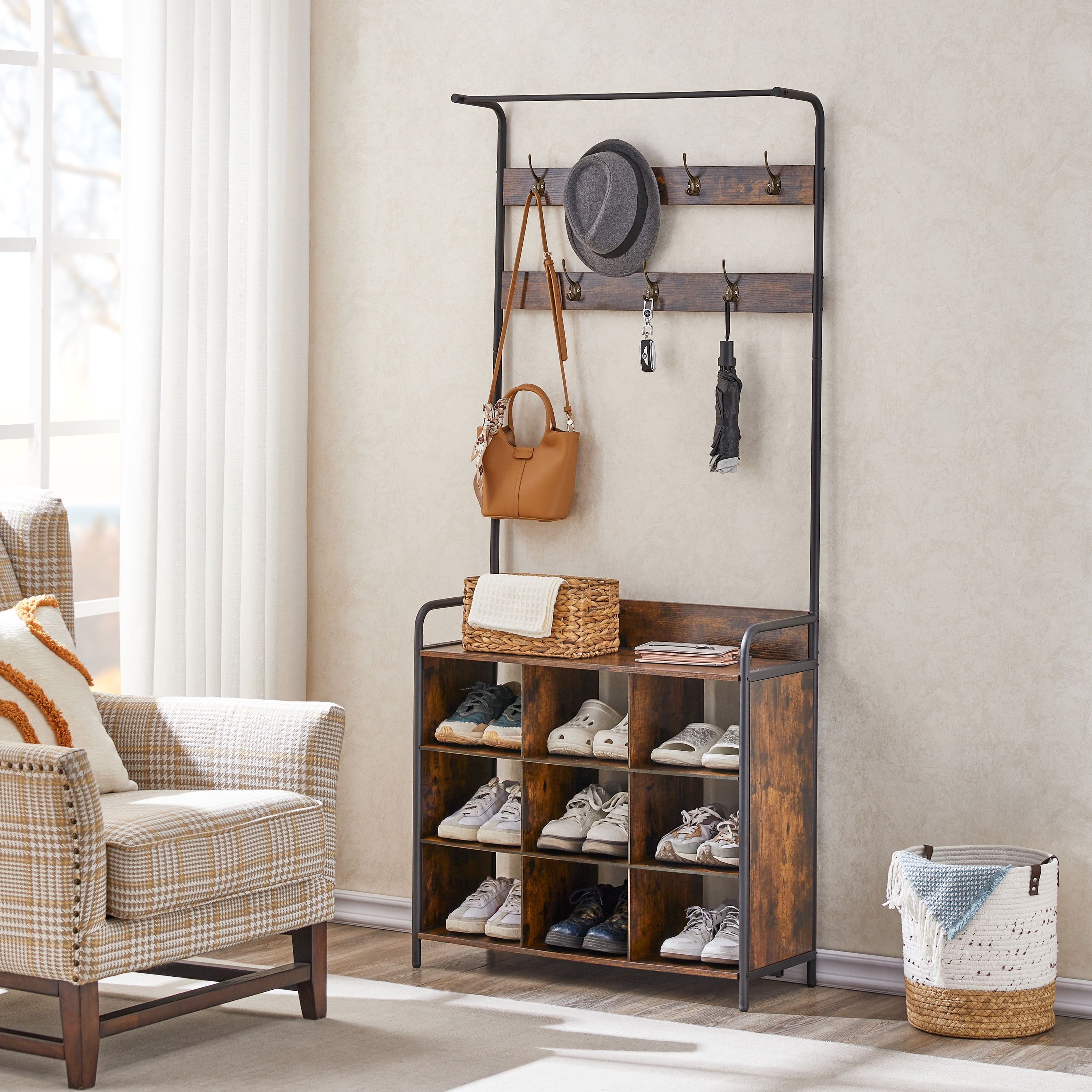 Coat Rack, Hall Tree with Shoe Rack for Entryway, 3-in-1 Entryway Coat ...