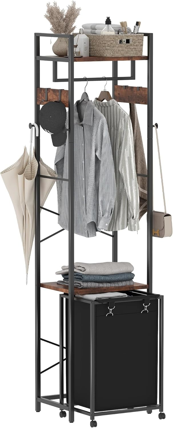 Coat Rack with Laundry Basket, Laundry Hamper Freestanding Hall Tree ...