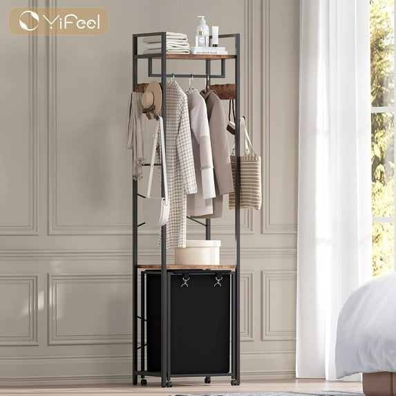 Coat Rack with Laundry Basket, Laundry Hamper Freestanding Hall Tree ...