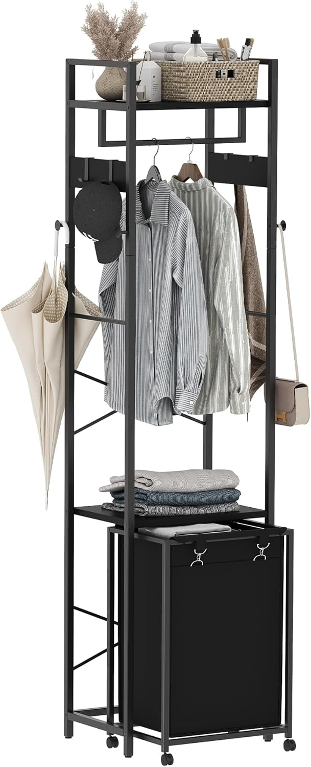 Coat Rack with Laundry Basket, Laundry Hamper Freestanding Hall Tree ...