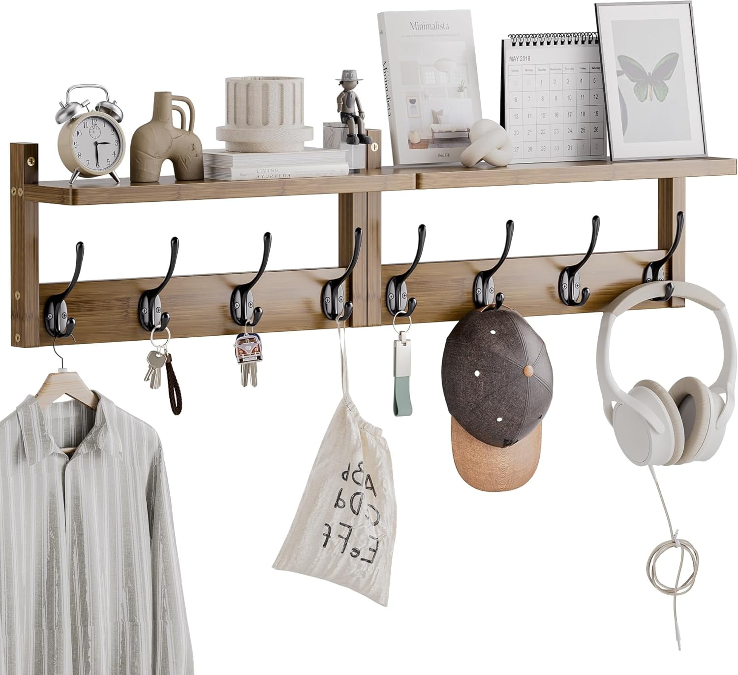 Coat Rack with Shelf Wall Mount, Entryway Bamboo Hanging Shelf, Set of ...