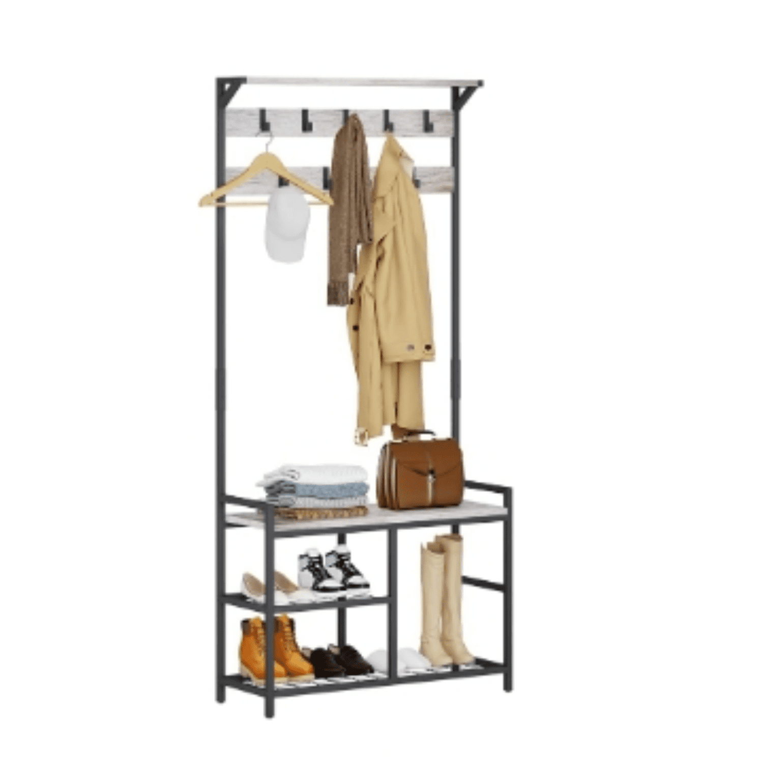 Coat Rack Shoe Bench, Hall Tree Entryway Storage Bench, Wood Look ...