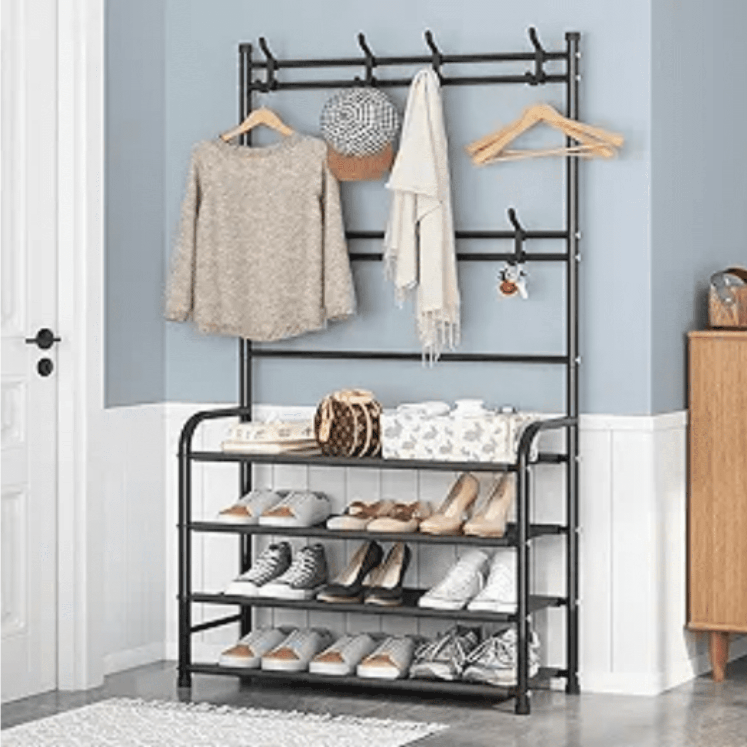 Coat Rack Shoe Rack Freestanding Shoe Organizer with Hooks for Entryway Bedroom Closet, 4 Tier ...