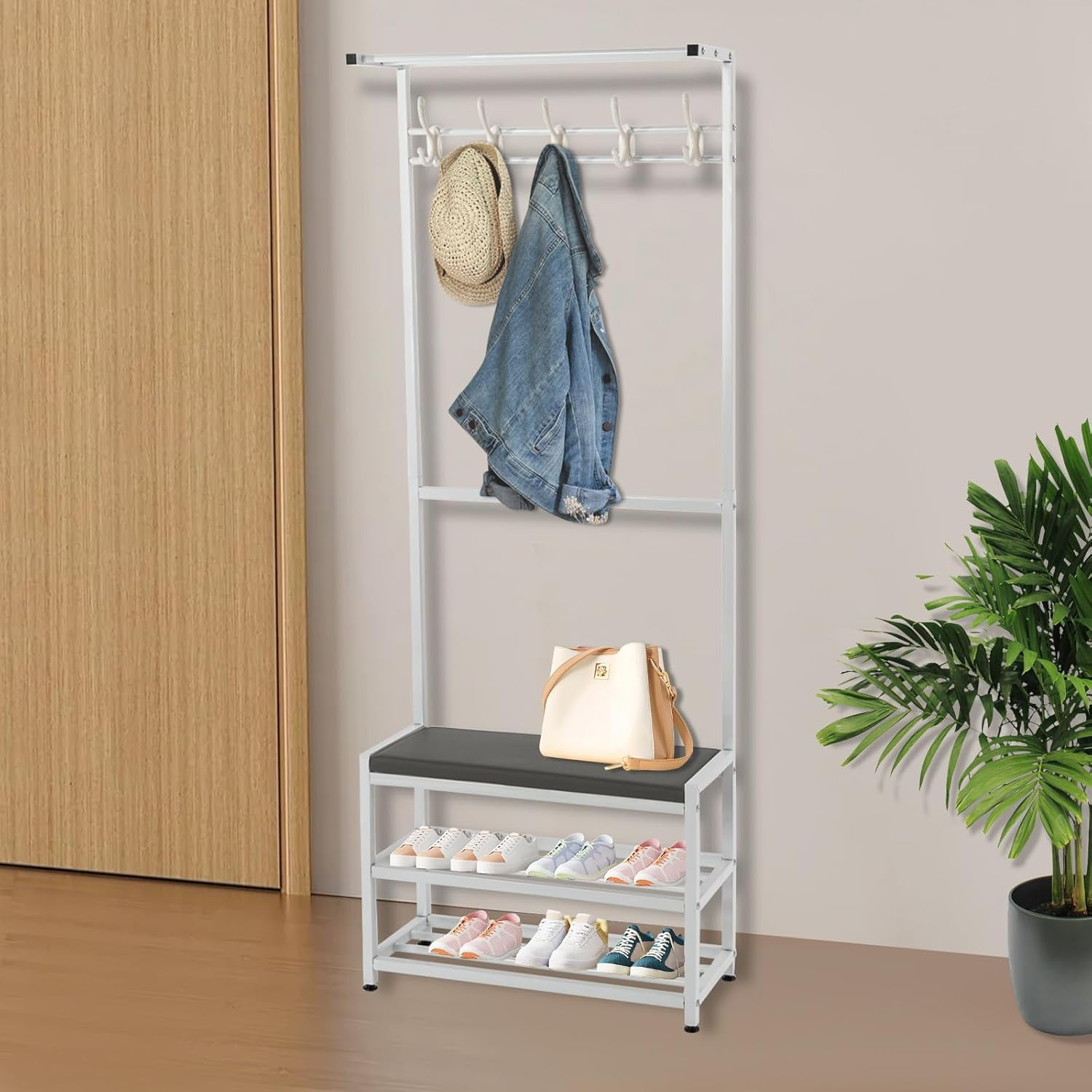 Coat Rack Shoe Stool Closet Organizer,White Entryway Stool Coat Rack ...