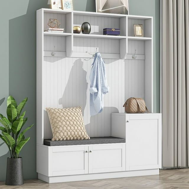 3 in 1 White Hall Tree: Coat Rack, Storage Bench, 3 Hooks, 2 Cabinets ...