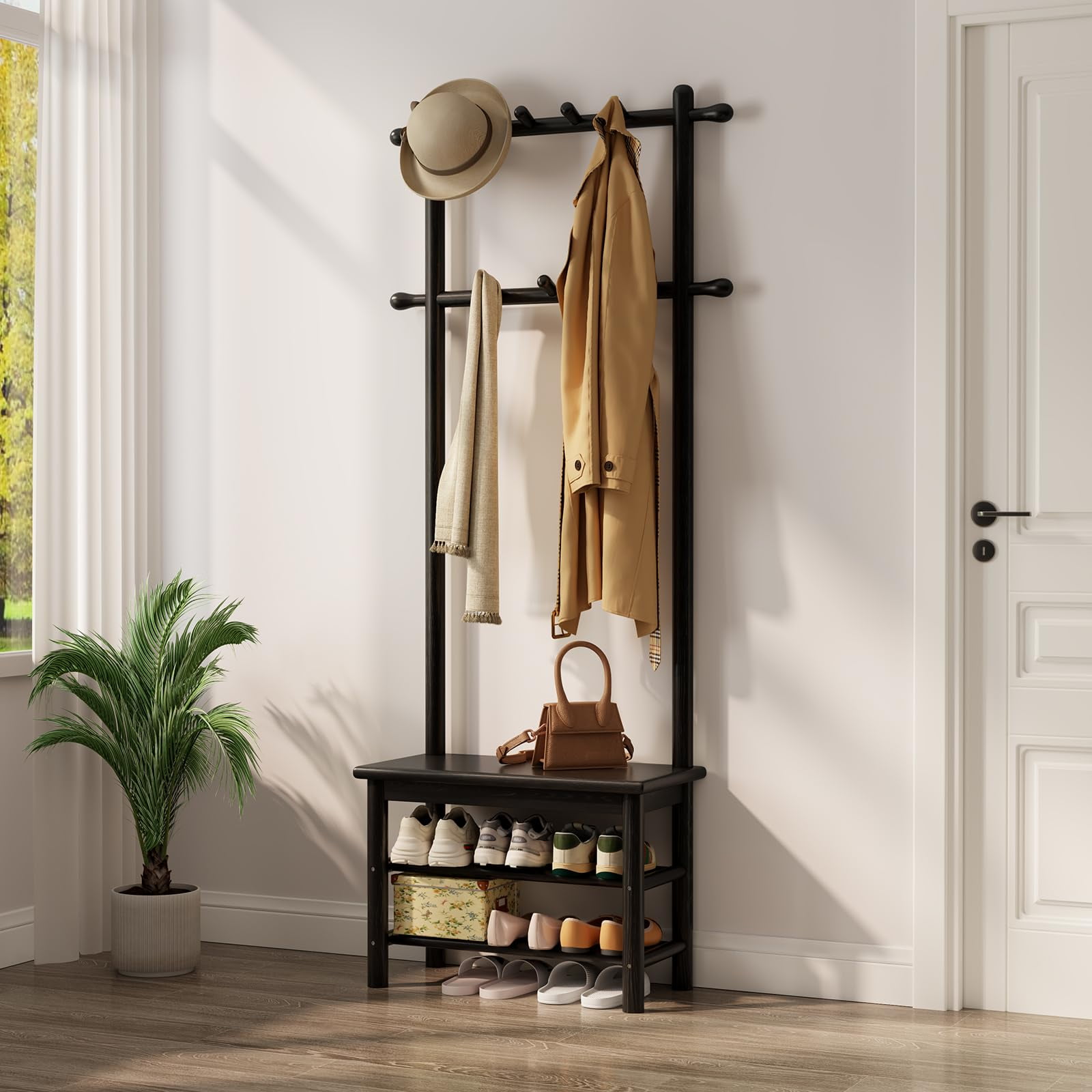 Coat Rack with Shoe Storage, Narrow Wooden Hall Tree with Bench, 11 ...