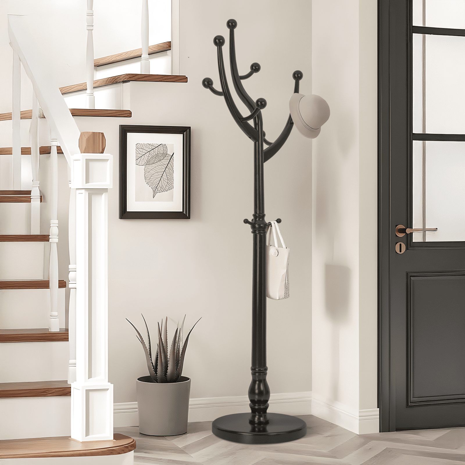 Coat Rack Stand Freestanding Large Wood Tree Rack w/ 8 Hooks Heavy Duty ...